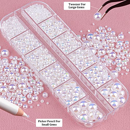 3800 Pcs 3 Boxes Flat Back Pearls Kits Flatback Colorful AB+White AB+Beige AB Half Round Pearls with Pickup Pencil and Tweezer for Home DIY and Professional Nail Art, Face Makeup and Craft