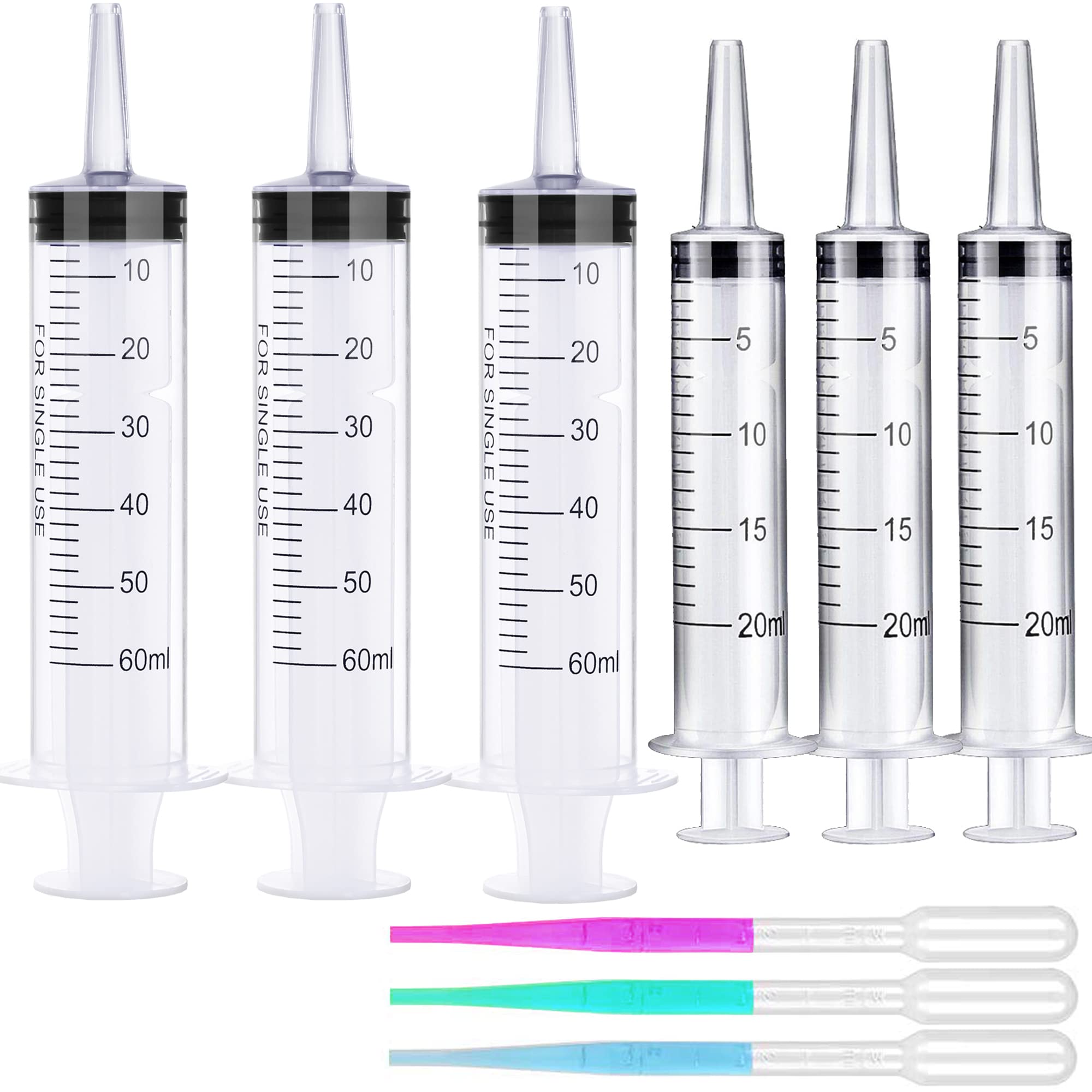 60ml + 20ml Syringe for Liquid set - Syringes without Needle - 20 ml Sterile Packed Plastic Syringe with Dropper for Medicine Student Lab Measuring Liquids and Pet Feeding Oral , Jello Shot ( 6 Pack )
