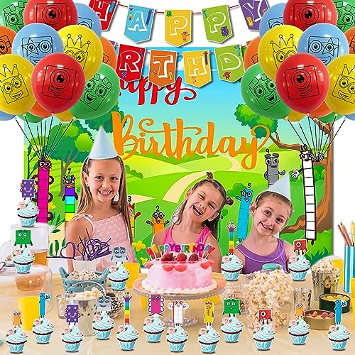 107 Pcs Number Blocks Birthday Party Supplies - Number Birthday Decorations Include Banner, Latex Balloons, Cake Topper, Cupcake Toppers, Backdrop, Stickers, Digital Themed Block Party Gift Sets