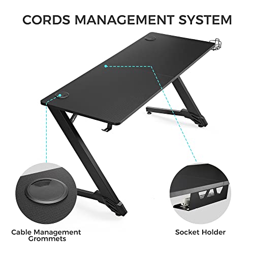 Eureka Ergonomic Gaming Desk 60 inch, Z-Shaped Carbon Fiber Surface Desktop Home Office PC Computer Desk with Mouse Pad, Ergonomic Large Gamer Table with Cup Holder and Headphone Hook for Gaming Room
