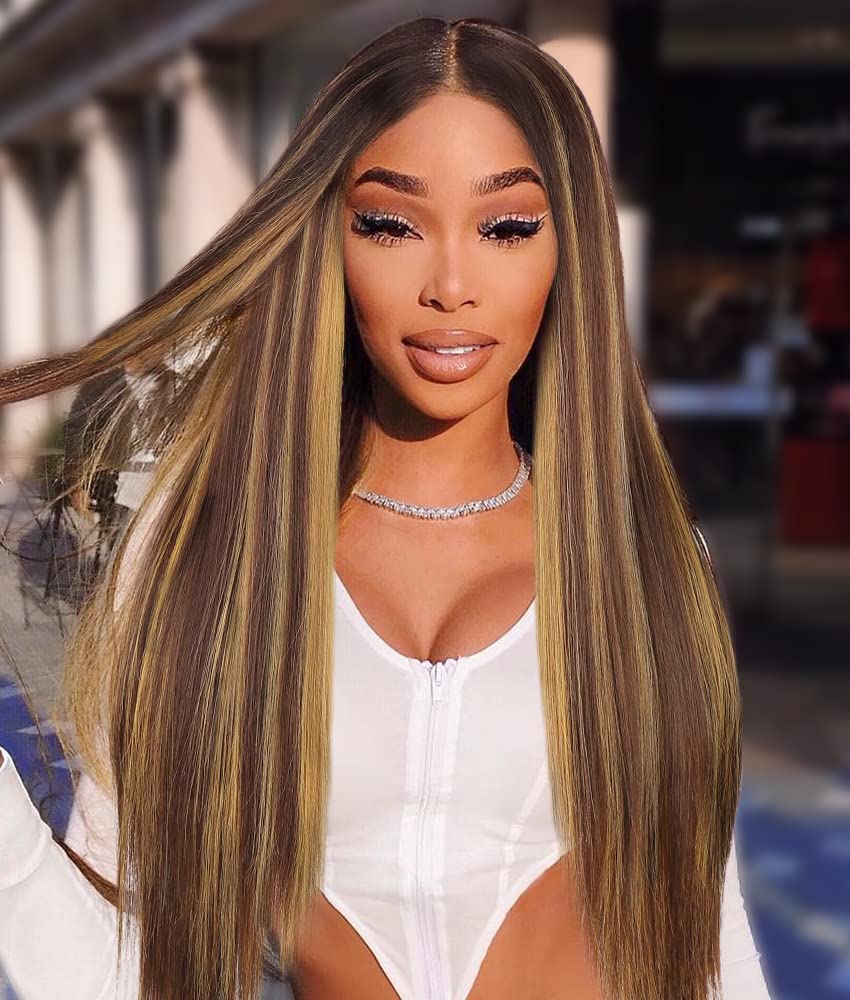 AISI HAIR Highlights Omber Blonde Wig for Women Synthetic Long Straight Hair Mixed Blonde Synthetic Hair Full Wig for Daily Use