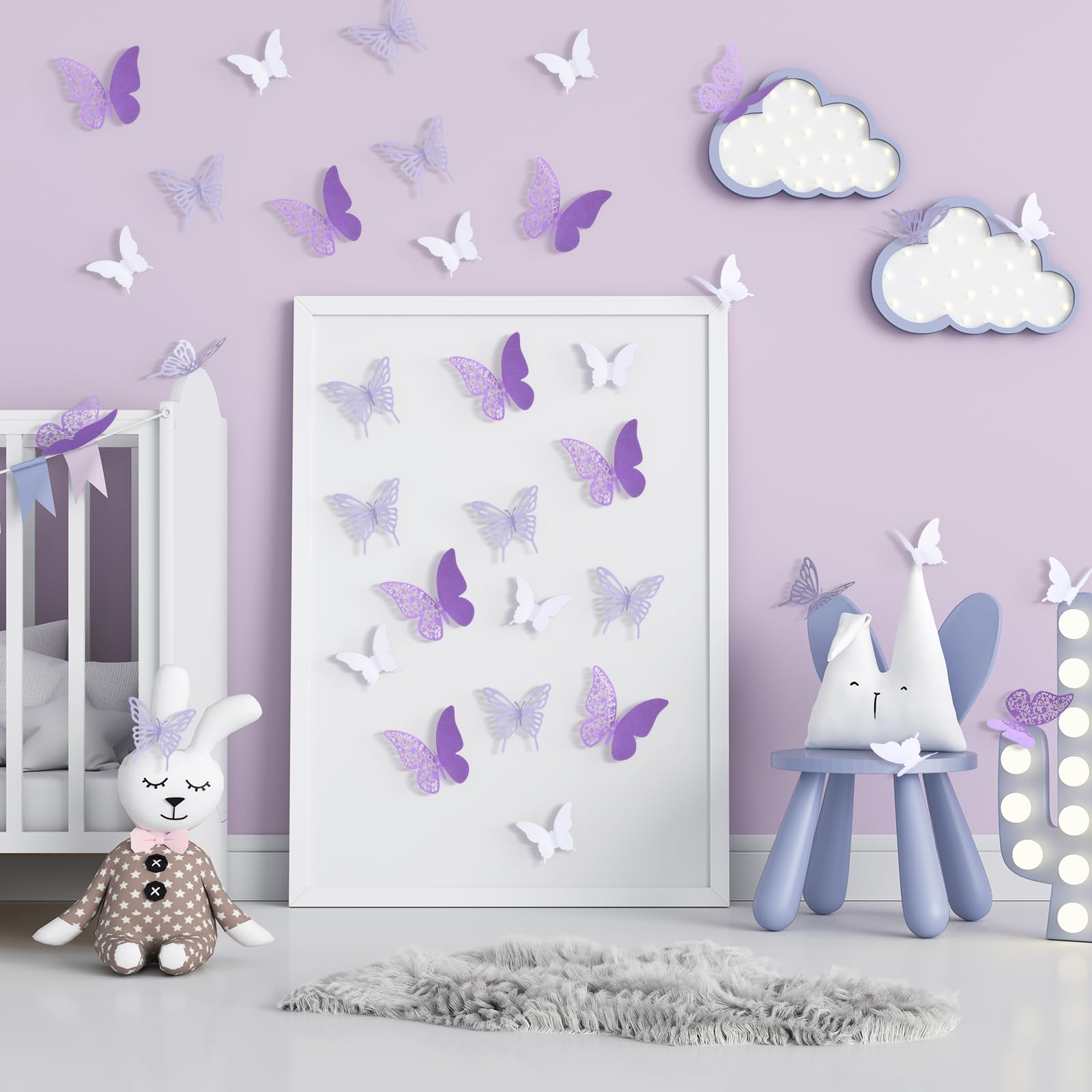 144 Pieces 3D Butterfly Wall Stickers Decor Butterfly Decals DIY Decorative Wall Art Cutouts Crafts Removable for Room Wedding Flower Party Decorations, 3 Styles (White, Light Purple, Dark Purple)