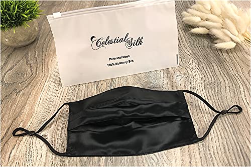 Celestial Silk Premium 22 Momme Silk Face Mask Reusable and Washable Anti Dust Mouth Cover with Adjustable Ear Loops Women (Pleated, Black)