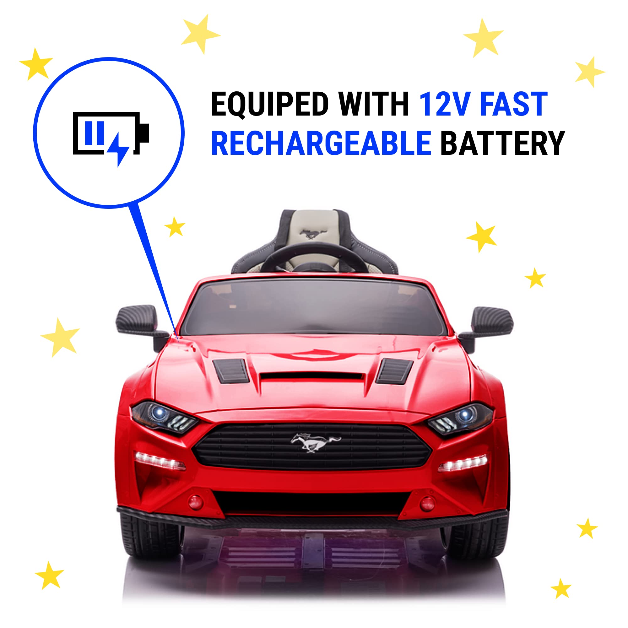 Ford Mustang 24V Ride On Kids Car 4WD Powerful Electric Vehicle, with Rubber Wheels, Bluetooth, FM Radio, Remote Control, Leather Seat, Soft Brake & Suspension, Max Speed 6 Mph