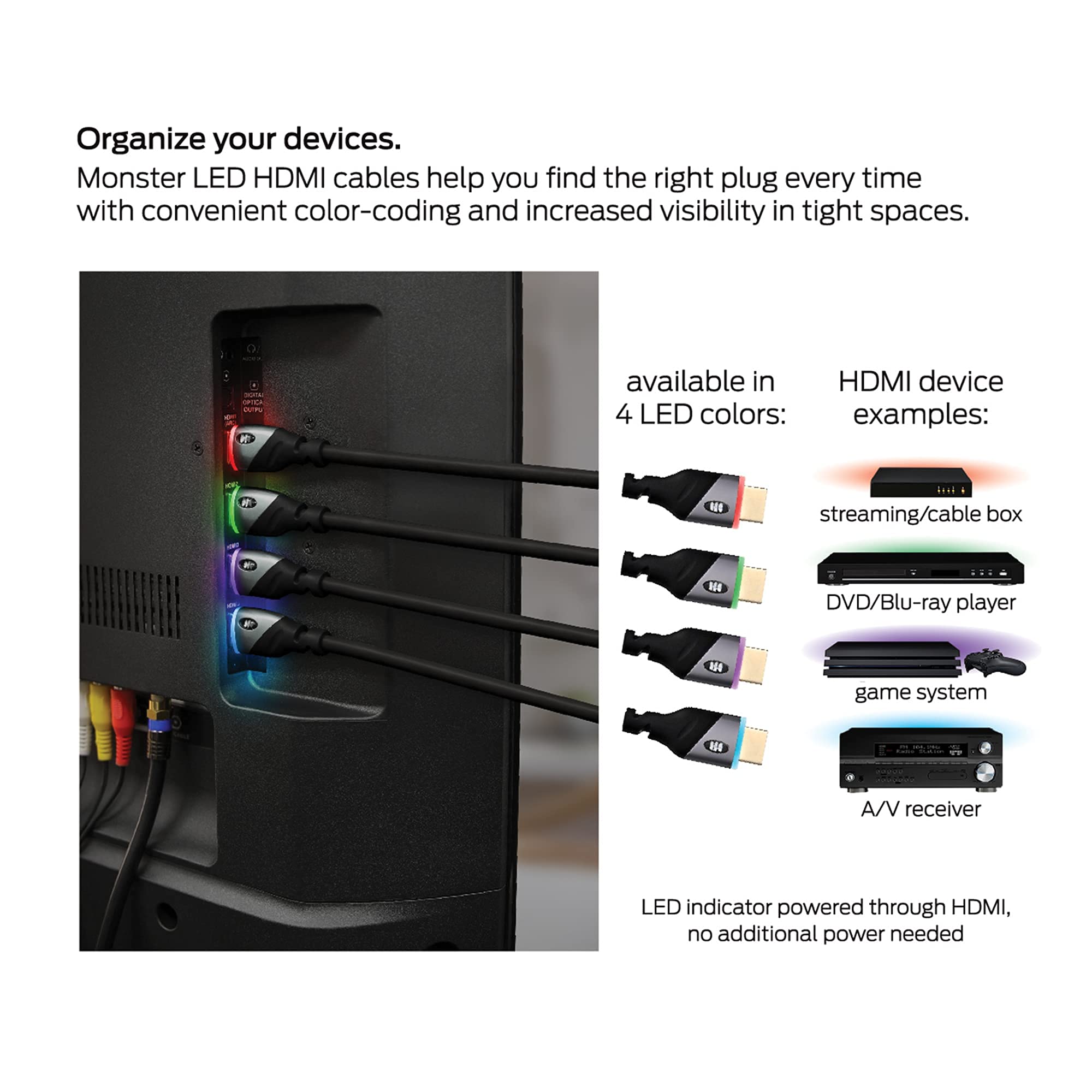 Monster 6ft High Speed 4K HDR Hdmi Cable with Built-in Purple Led Light, Gaming, Video, and Computer