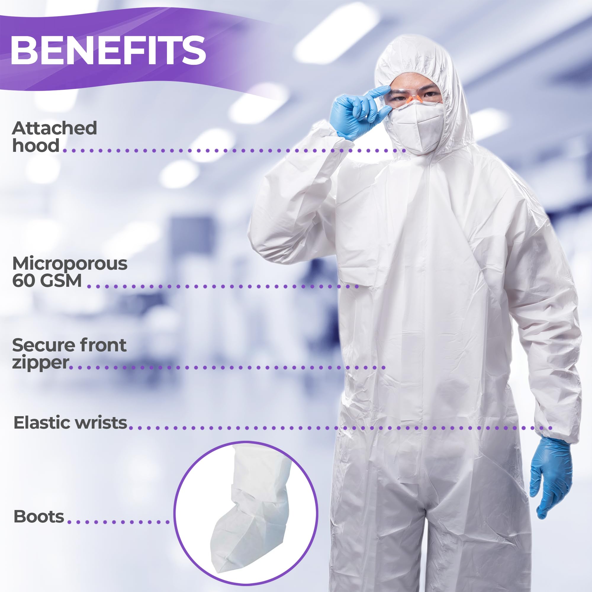AMZ White Hazmat Suits, Small. Pack of 5 Lightweight Microporous Disposable Coveralls with Hood, Boots, Elastic Wrist, Lower Back, Zipper. Breathable Durable 60 GSM Painters Suit Disposable