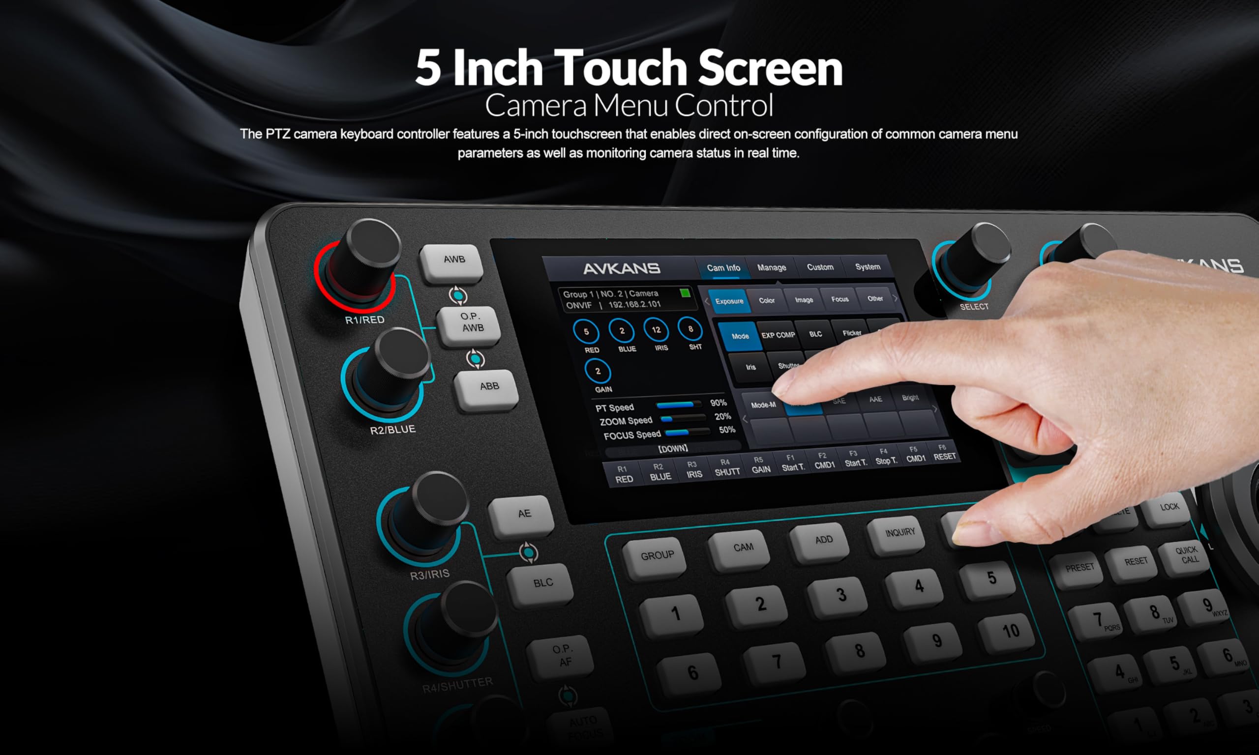 AVKANS Pro PTZ Camera Joystick Controller with 5-inch Touch Preview LCD, IP NDI Camera Controller Keyboard with 4D Joystick for Worship Church Live Streaming Video Production, PoE Enable
