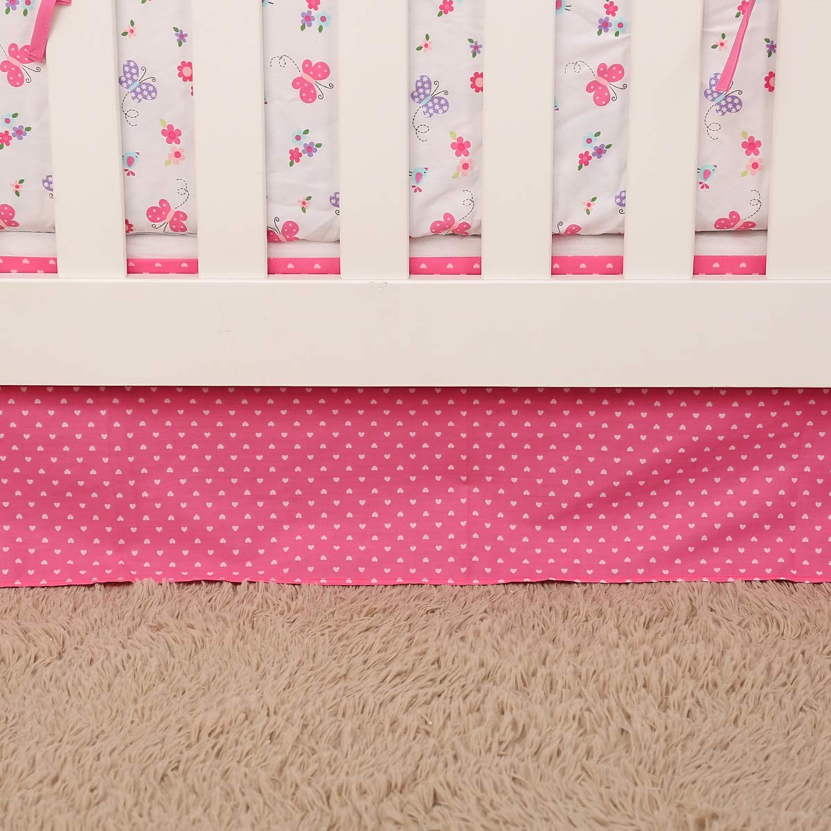 5 PCs Pink Owl Birds Butterfly Nursery Crib Bedding Set Blush Pink Floral Baby Girl Cot Bedding Set Quilt, Fitted Sheet, Skirt, Diaper Storage Bag, Window Valance