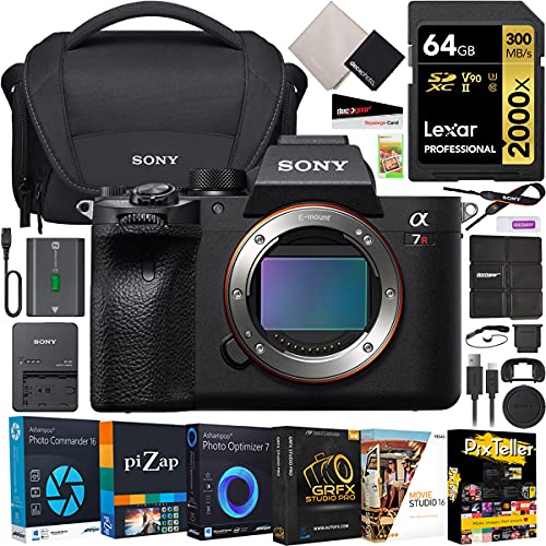 Sony a7R IV Mirrorless Full Frame Camera Body New Version ILCE-7RM4A/B Bundle with Sony LCSU21 Case + Lexar 2000X 64GB Memory Card, Photo Video Software Kit + Deco Gear Accessories