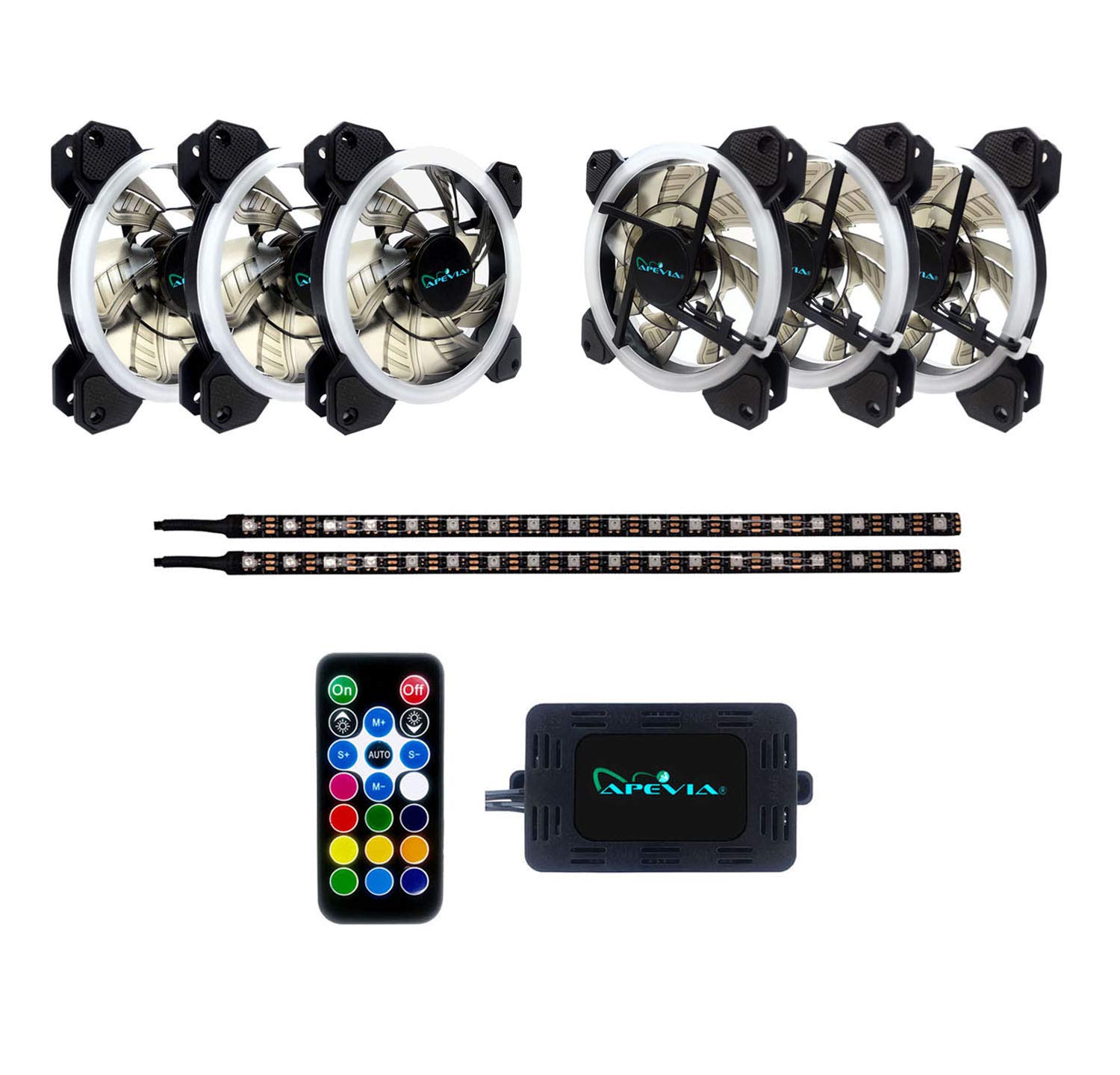 Apevia ST6P2-RGB Spectra 120mm Silent Dual Ring RGB Color Changing LED Fan with Remote Control, 16x LEDs & 8X Anti-Vibration Rubber Pads w/ 2 Magnetic LED Strips (6+2-pk)
