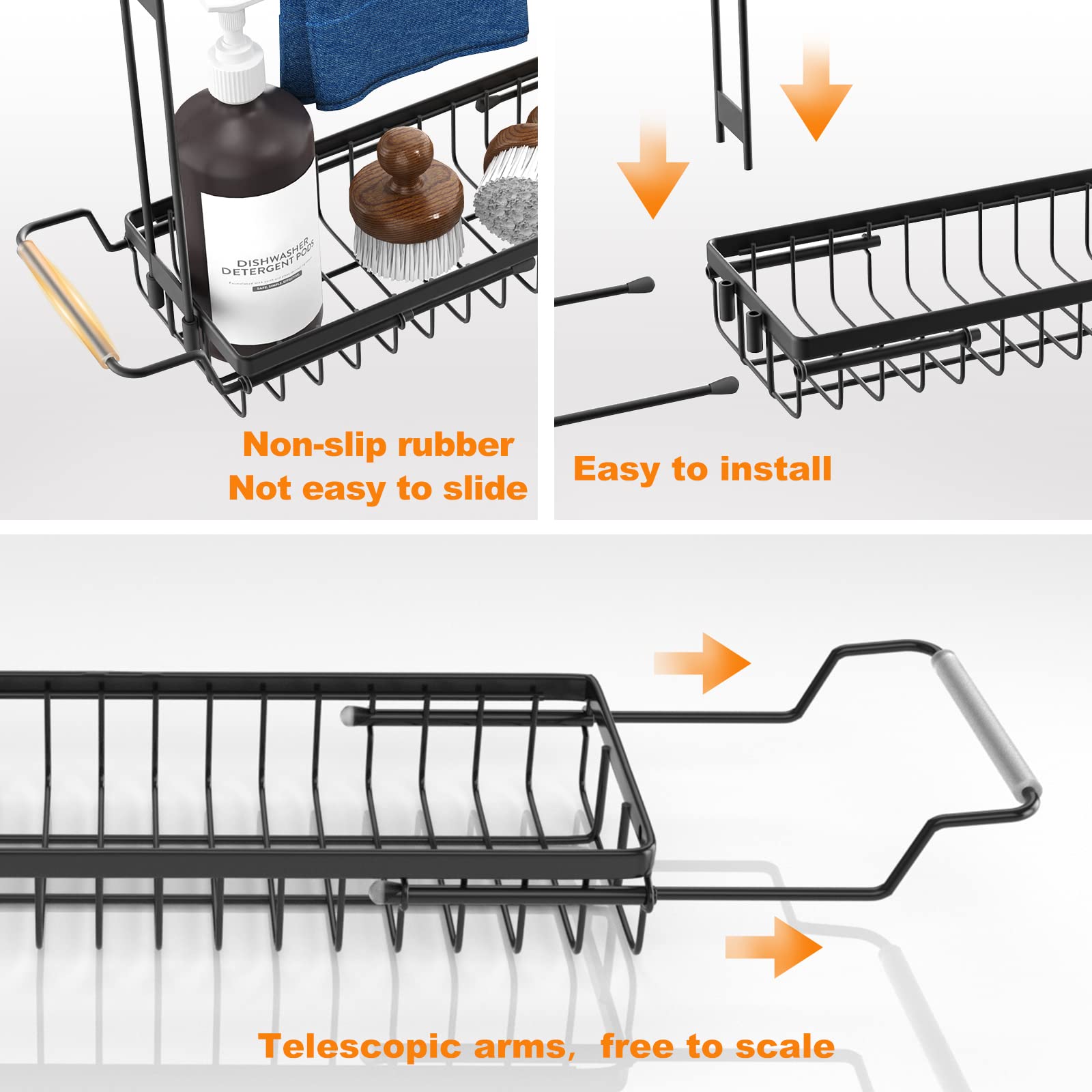 Sponge Holder for Kitchen Sink Telescopic Sink Storage Rack, Expandable for Sponge Brush Soap Dish Cloth Rag 16.7" to 21.3"(201 Stainless Steel) (Black Upgrade)