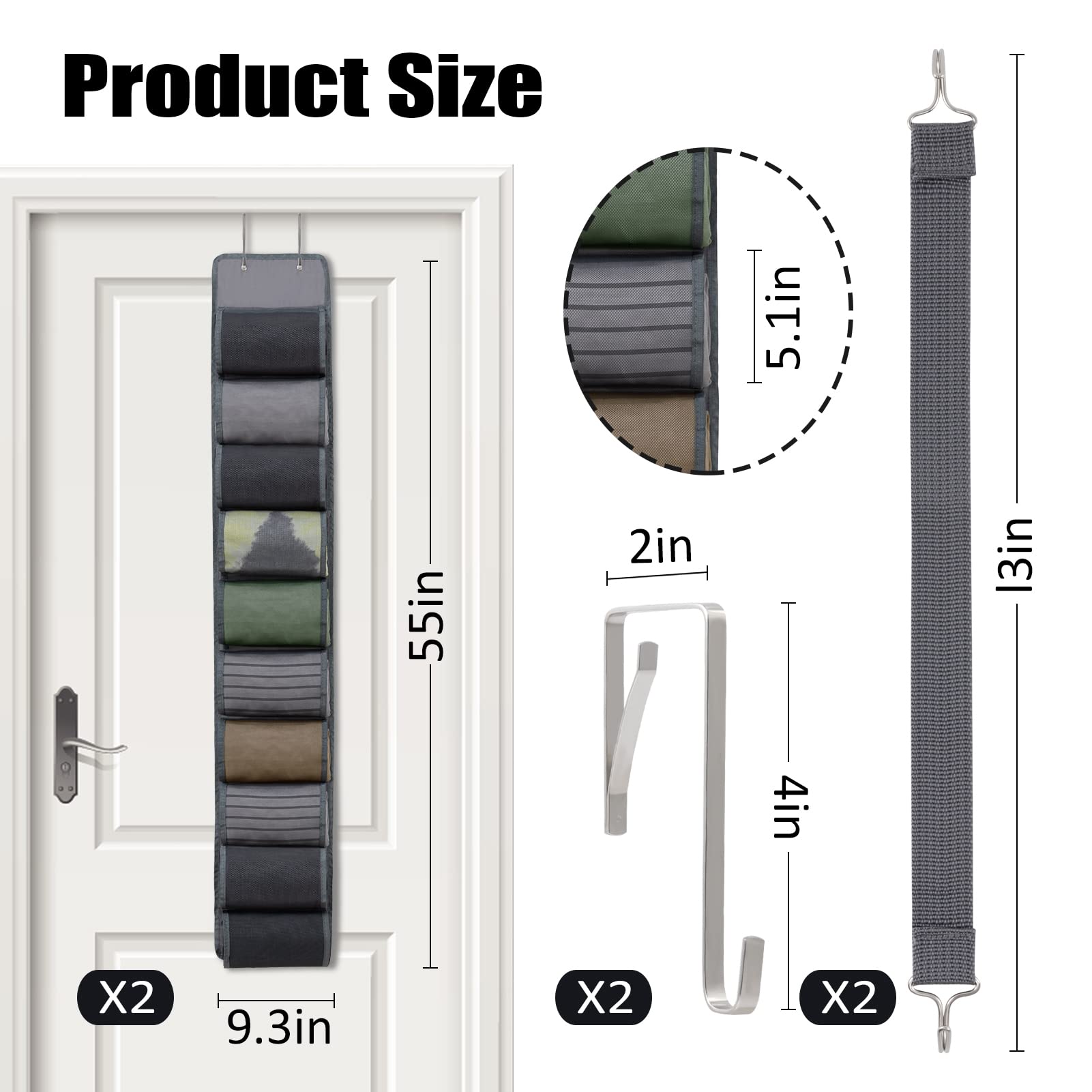 2 Pcs Clothes Closets Roll Holder- Hanging Closet System Closet Space Saver Clothes Organizer with 20 Roll Independent Compartments for T-Shirts Leggings Underwear Bras Socks (Gray, Double Sided)