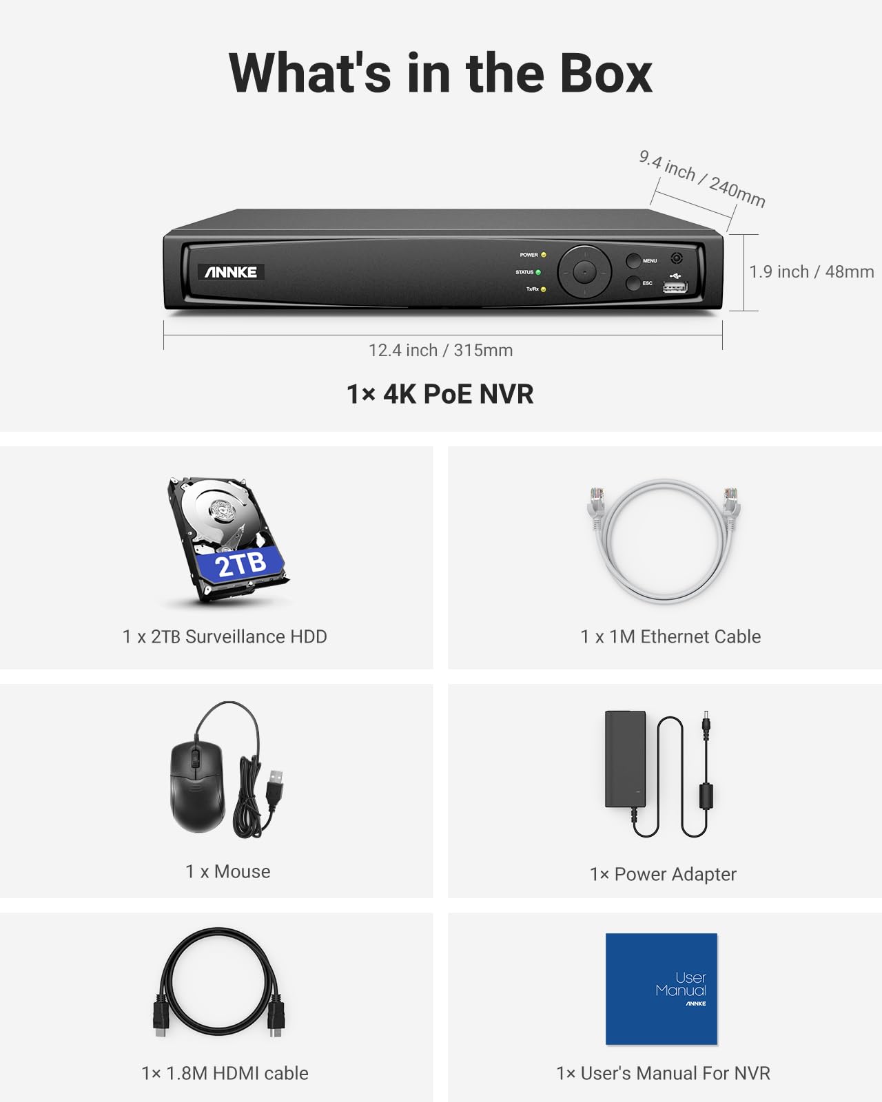 ANNKE 12MP 16 Channel PoE NVR with 2TB Hard Drive, Ultra HD Home Security Network Video Recorder Supports 12MP/8MP/5MP/6MP/4MP ANNKE PoE IP Cameras, 24/7 Surveillance Recording, 4CH AI Features