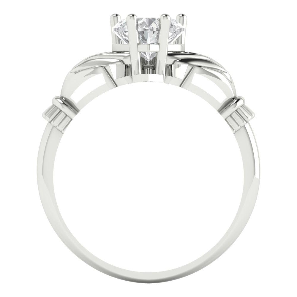 1.06 Ct Brilliant Heart Cut Clear Simulated Diamond 14K White Gold Solitaire Claddagh Engagement Anniversary Ring Size 10