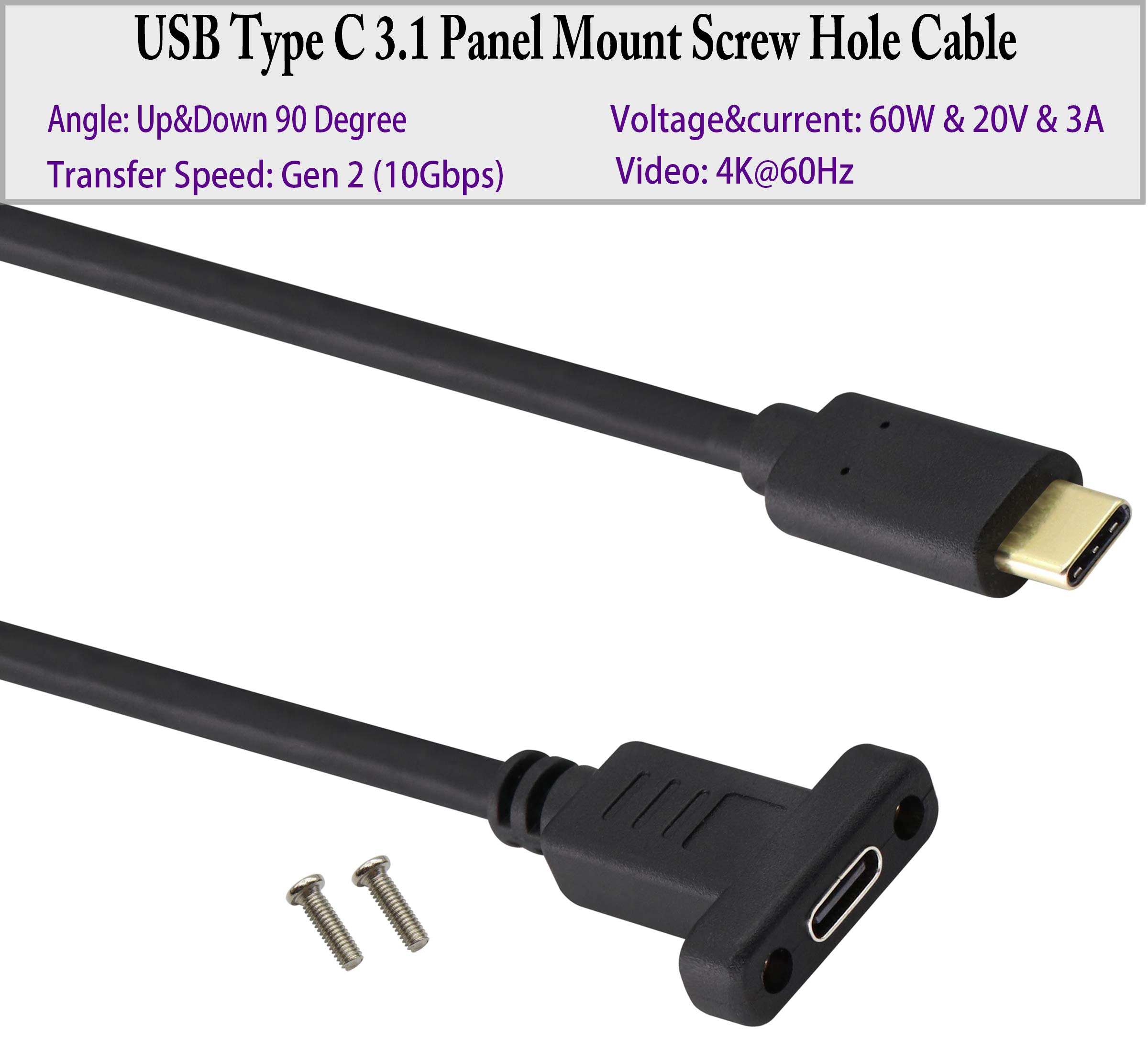 AAOTOKK USB Type C 3.1Panel Mount Adapter Cable USB-C 3.1 Gen2 10Gbps Male to USB C Female Panel Mount Screw Cable,Supports Charging,Data,Audio,Video Cable for Laptop,Tablet,Mobile Phone(0.3M/1ft)