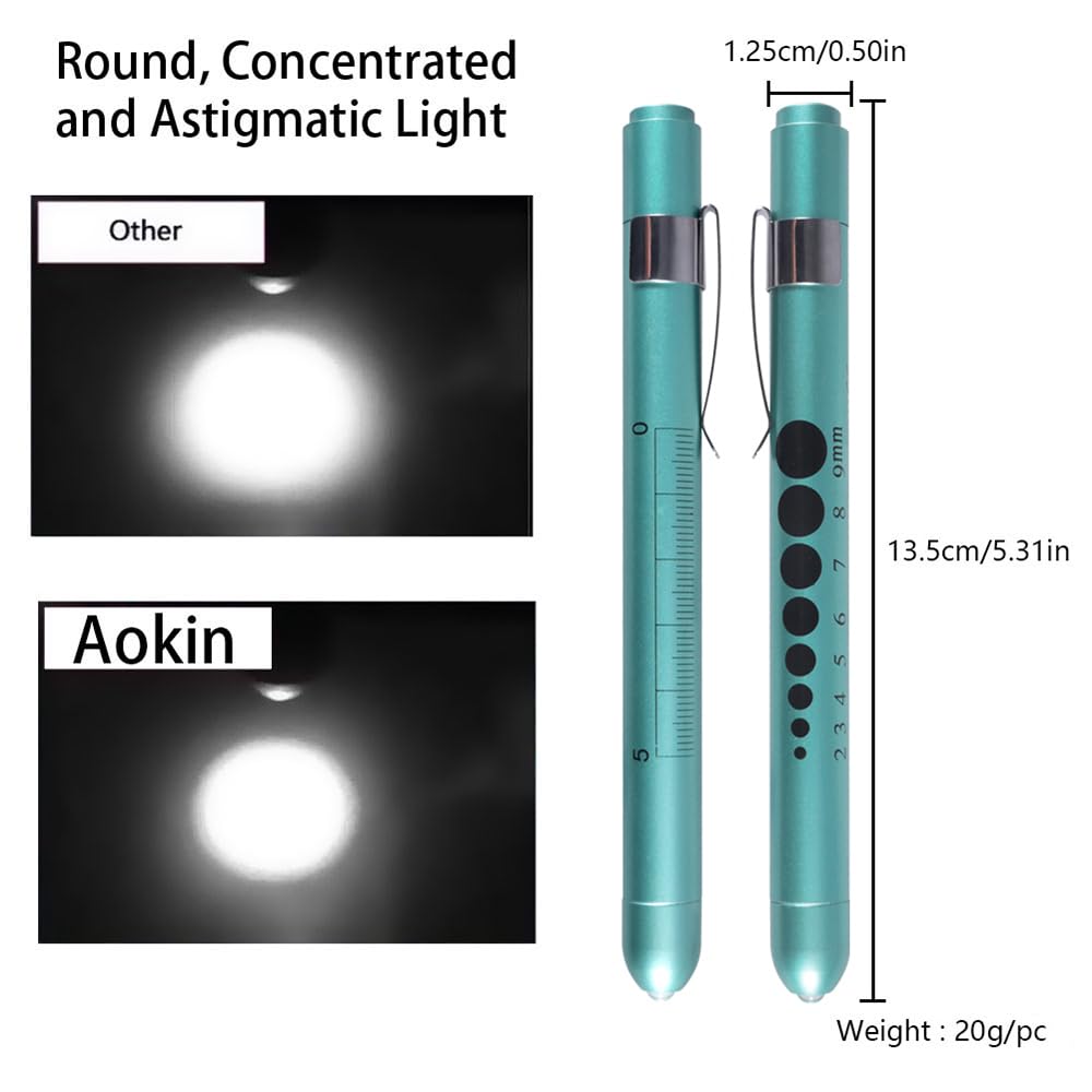 Aokin Medical Pen Light for Nurse Doctor, Reusable LED Medical Penlight Flashlight with Pupil Gauge and Ruler, White Light, Teal