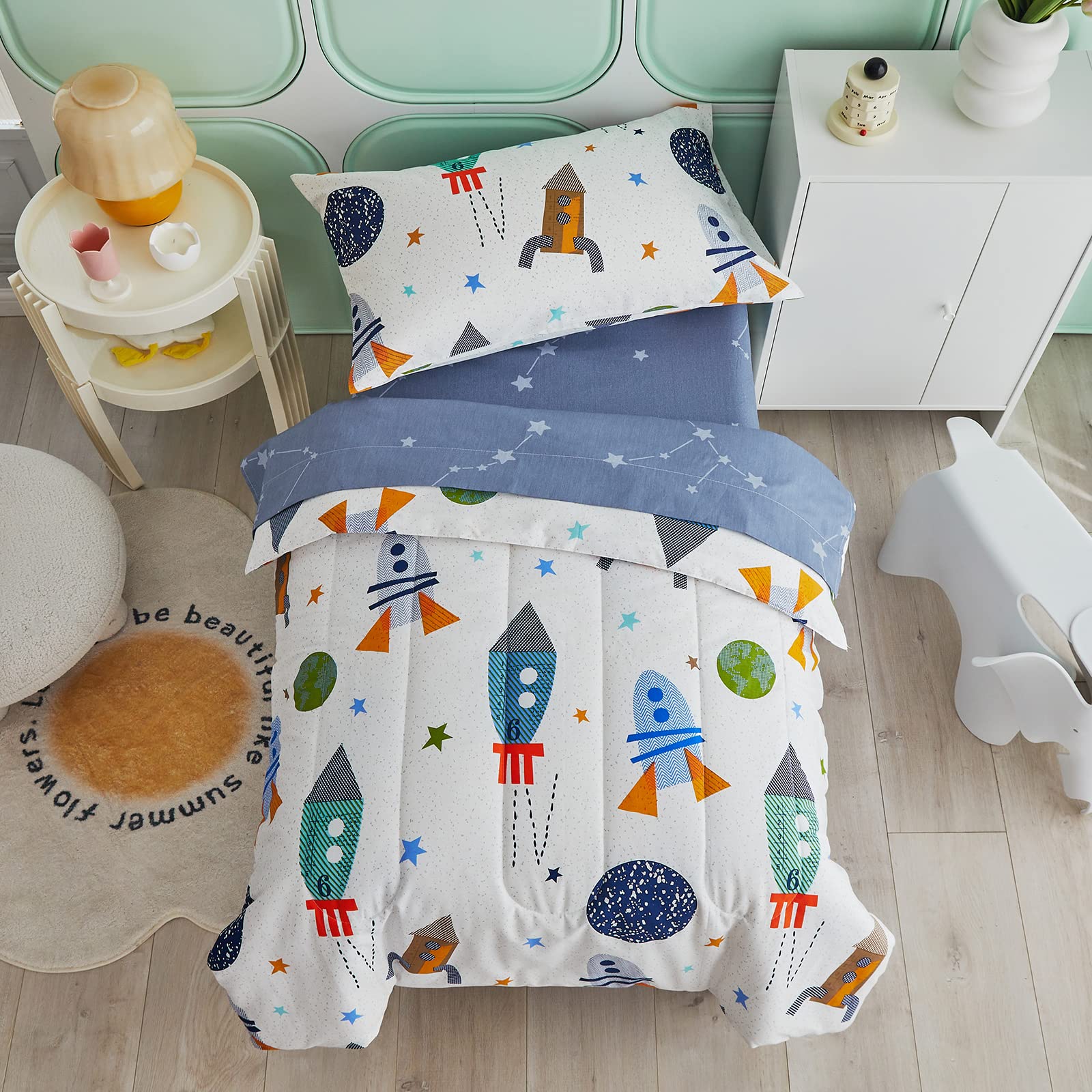 100% Cotton 4 Pieces White Space Toddler Bedding Set with Colorful Rocket Stars and Planet Includes Adorable Quilted Comforter, Blue Gray Fitted Sheet, Top Sheet, and Pillow Case for Boys Girls
