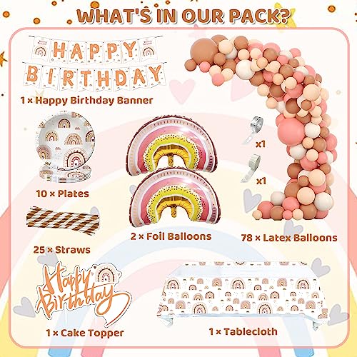 263Pcs Boho Rainbow Birthday Decorations, Boho Rainbow Birthday Party Supplies, Bohemian Birthday Party Decorations, Include Banner, Cake & Cupcake Topper, Backdrop, Tablewares, Balloon and Stickers