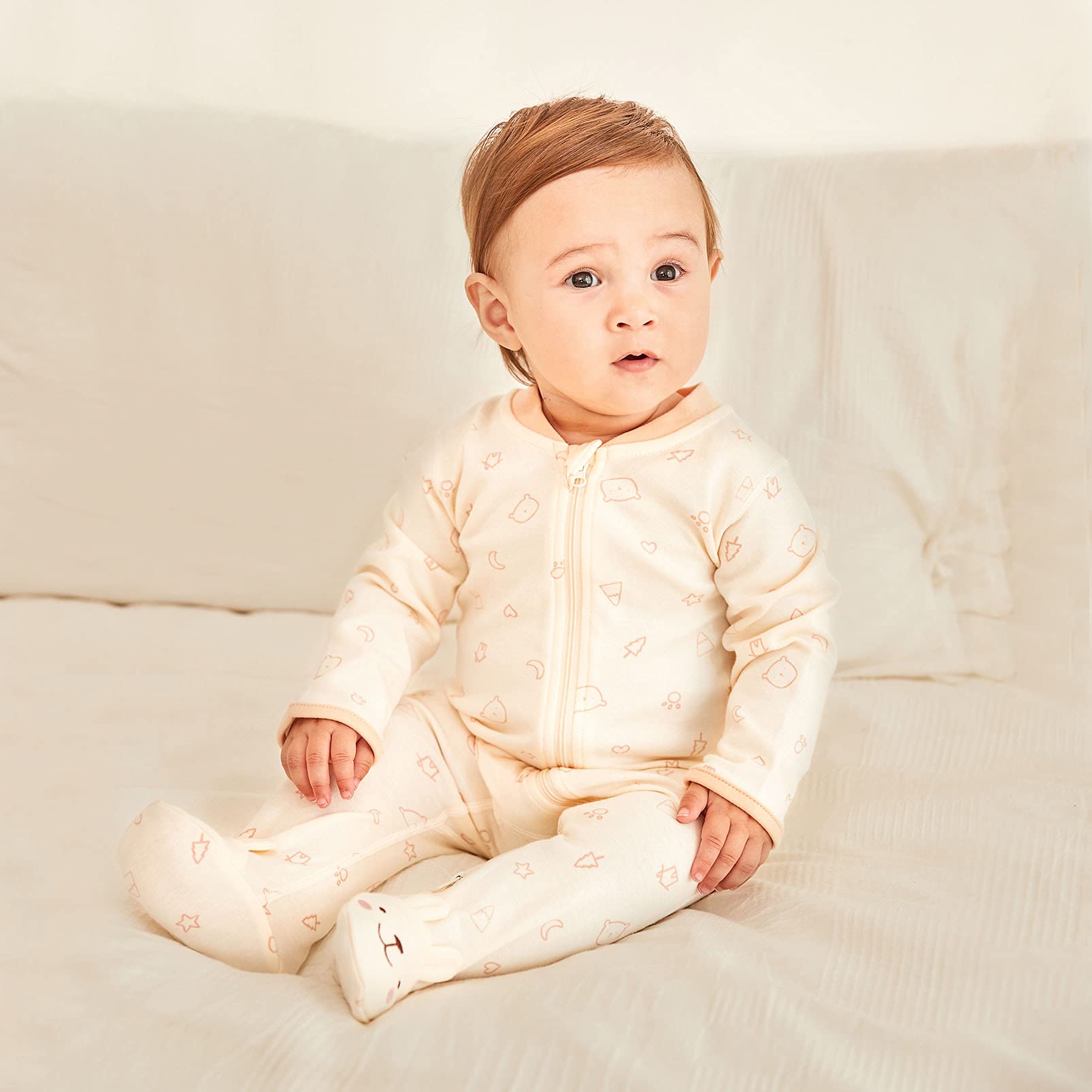 pureborn 2-Pack Baby Girls Footed Pajamas Infant Seamless Long Sleeve Cotton Footies Sleep and Play White + Beige Bear 0-3 Months