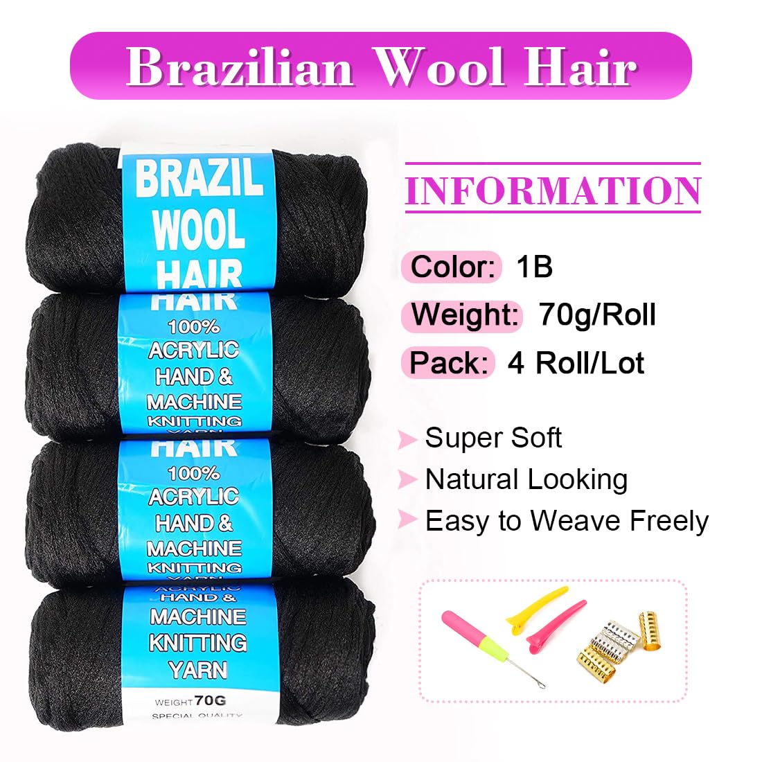 100% Brazilian Wool Hair Acrylic Yarn for African Braids/Senegalese Twist/Faux Locs/Wraps with Crochet Hook(4 Roll, Natural Black)