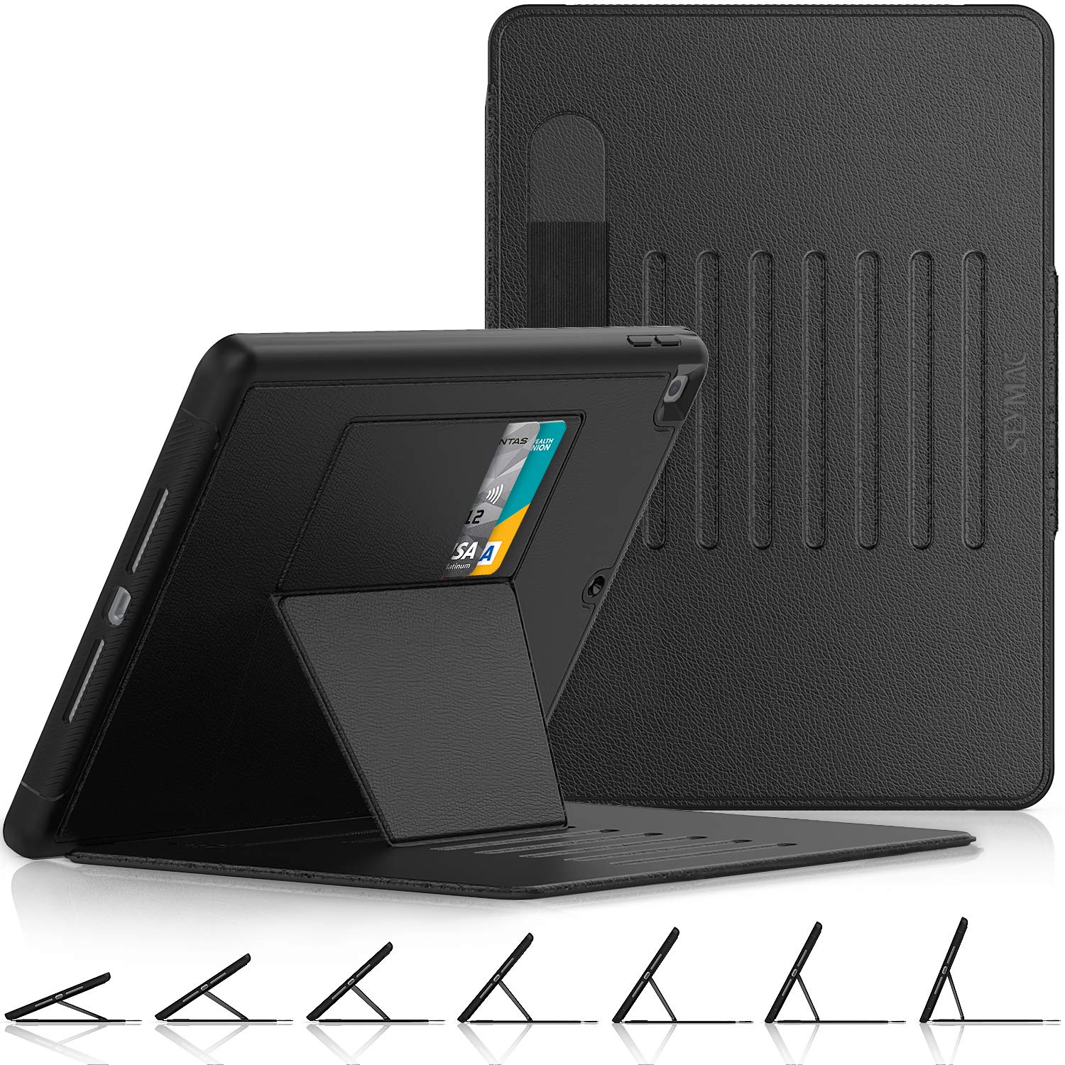 SEYMAC stock Case for iPad 9th/8th/7th Generation 10.2'', Strong Magnetic Auto Sleep Shockproof Case with Absorbing Multi-Angles Stand, Pen Holder, Card Slot (Black)