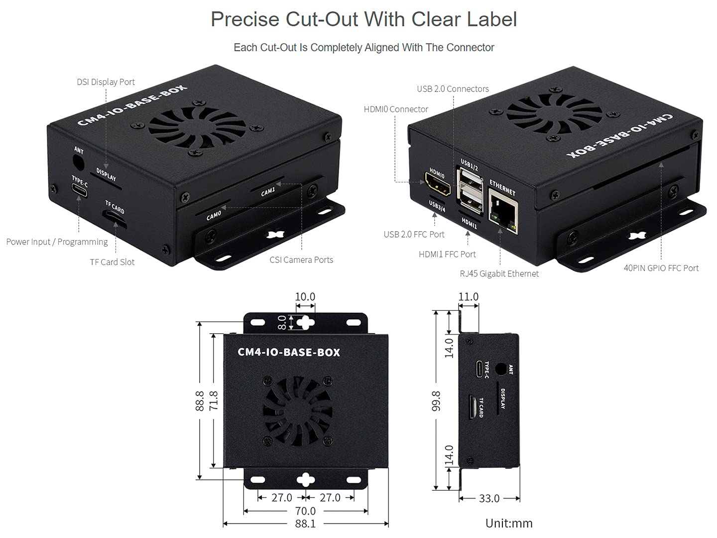 Bicool Mini-Computer for Raspberry Pi Compute Module 4 (NOT Included), Mini IO Board Lite Version (A), with CM4-IO-BASE-A and Metal Case with Cooling Fan,Onboard CSI/DSI/HDMI/USB/RJ45 etc.Connectors