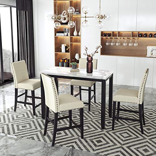 Merax 5-Piece Dining Table Set Wooden Dining Set with Faux MarbleTable and 4 Upholstered Chairs, Counter Height Furniture Dinette Set for Home Kitchen