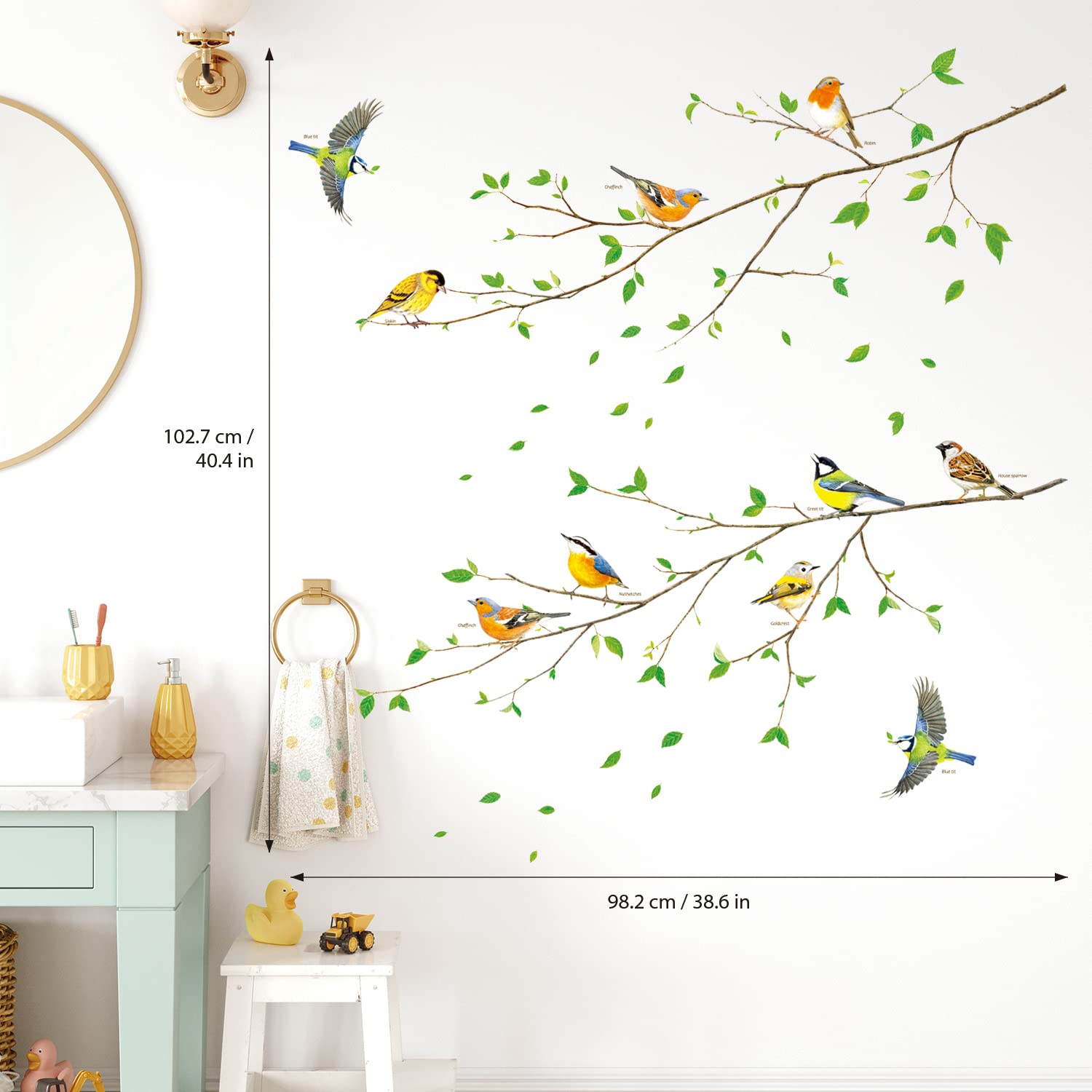 DECOWALL SG-2111 Birds on Tree Branch Wall Decals Flying Bird Green Leaves Stickers Removable for Kids Nursery Bedroom Living Background Room Home Decor Art DIY