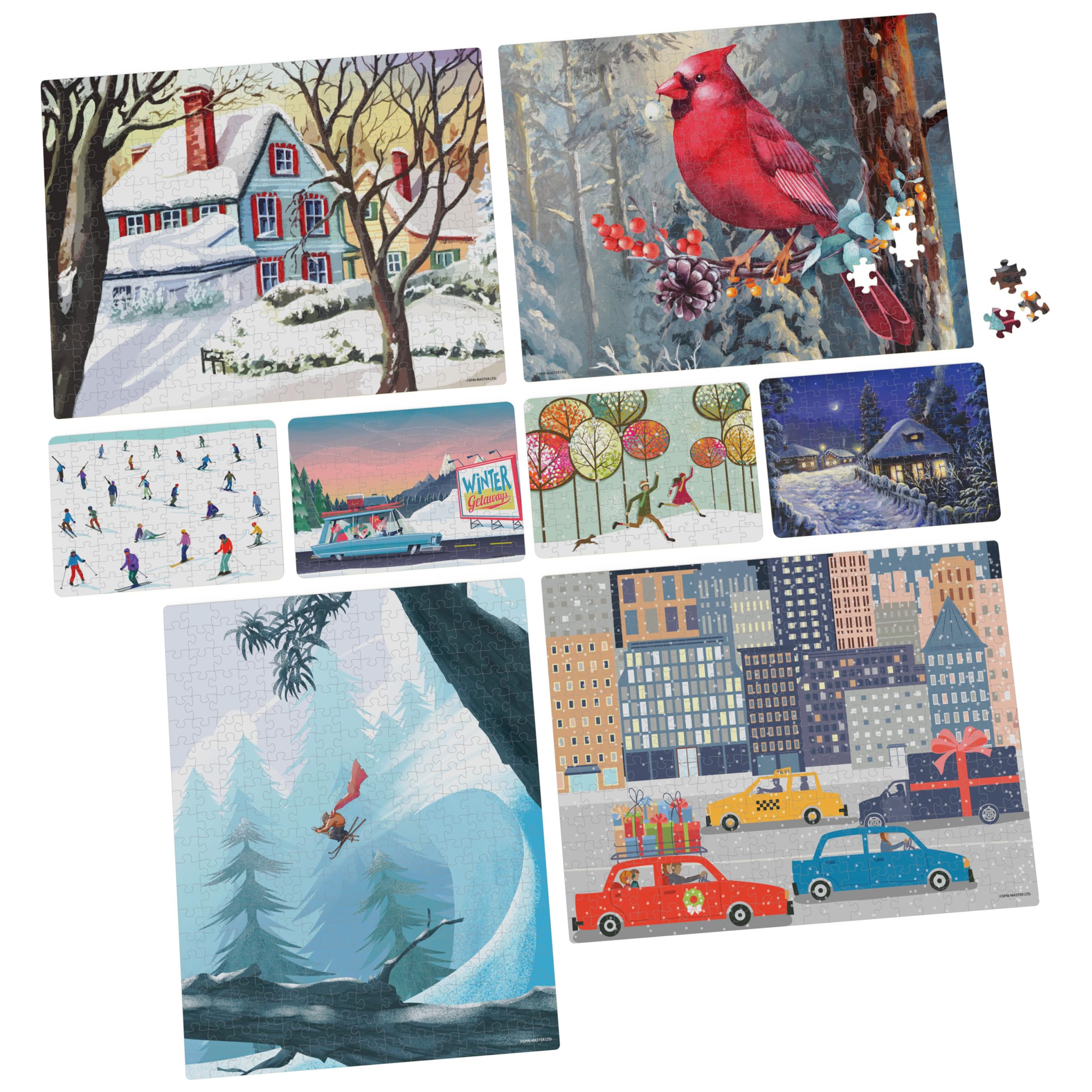 24 Jigsaw Puzzle Bundle, Holiday Winter Snow Illustration Landscape, 1000, 500, 300, 100, 48, 24 Pieces, for Kids and Adults Ages 8 and up