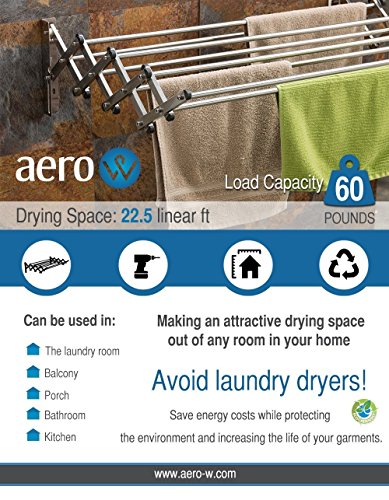 AERO W Racks Stainless Steel Wall Mounted Collapsible Laundry Clothes Drying Rack 60 Pound Capacity 22.5 Linear Ft