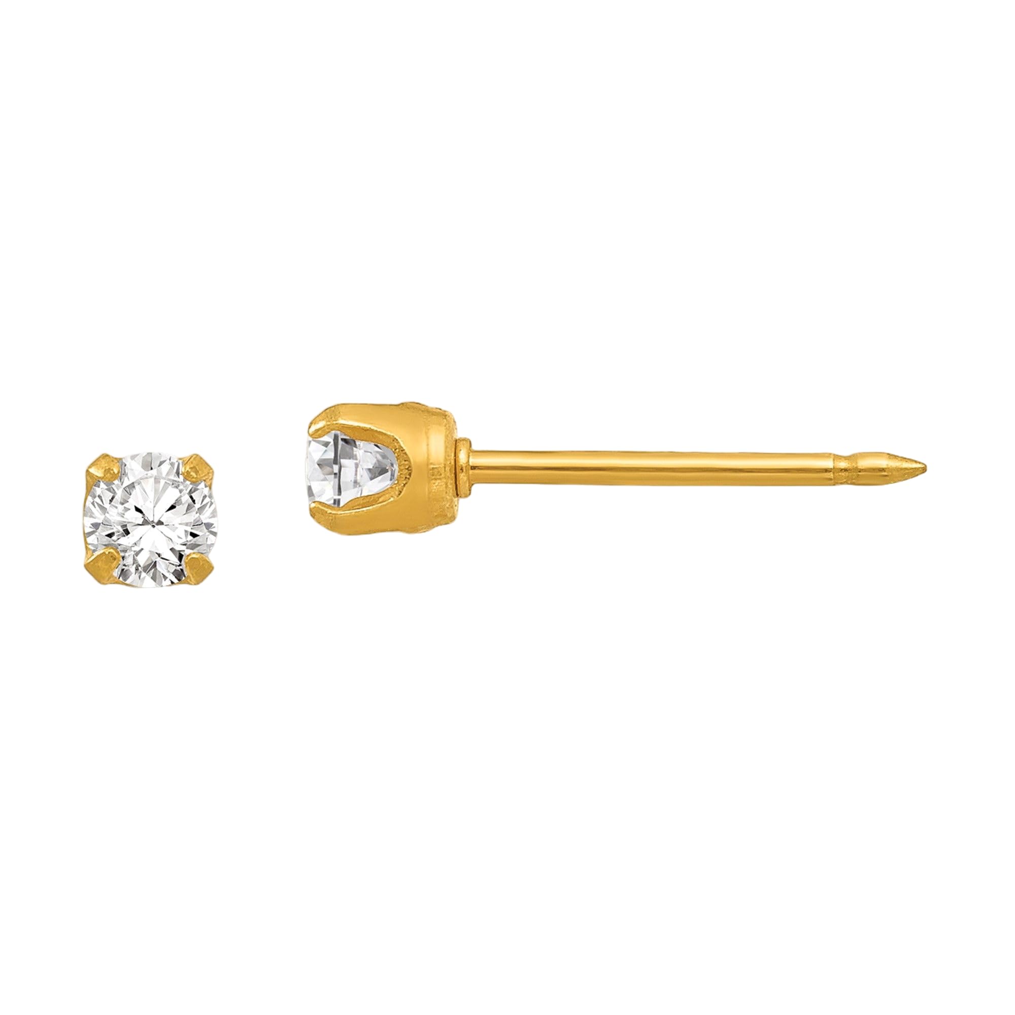 14K Yellow Gold 3mm Rhinestone Crystals Stud Earrings Ear Piercing Studs April Birthstone Jewelry