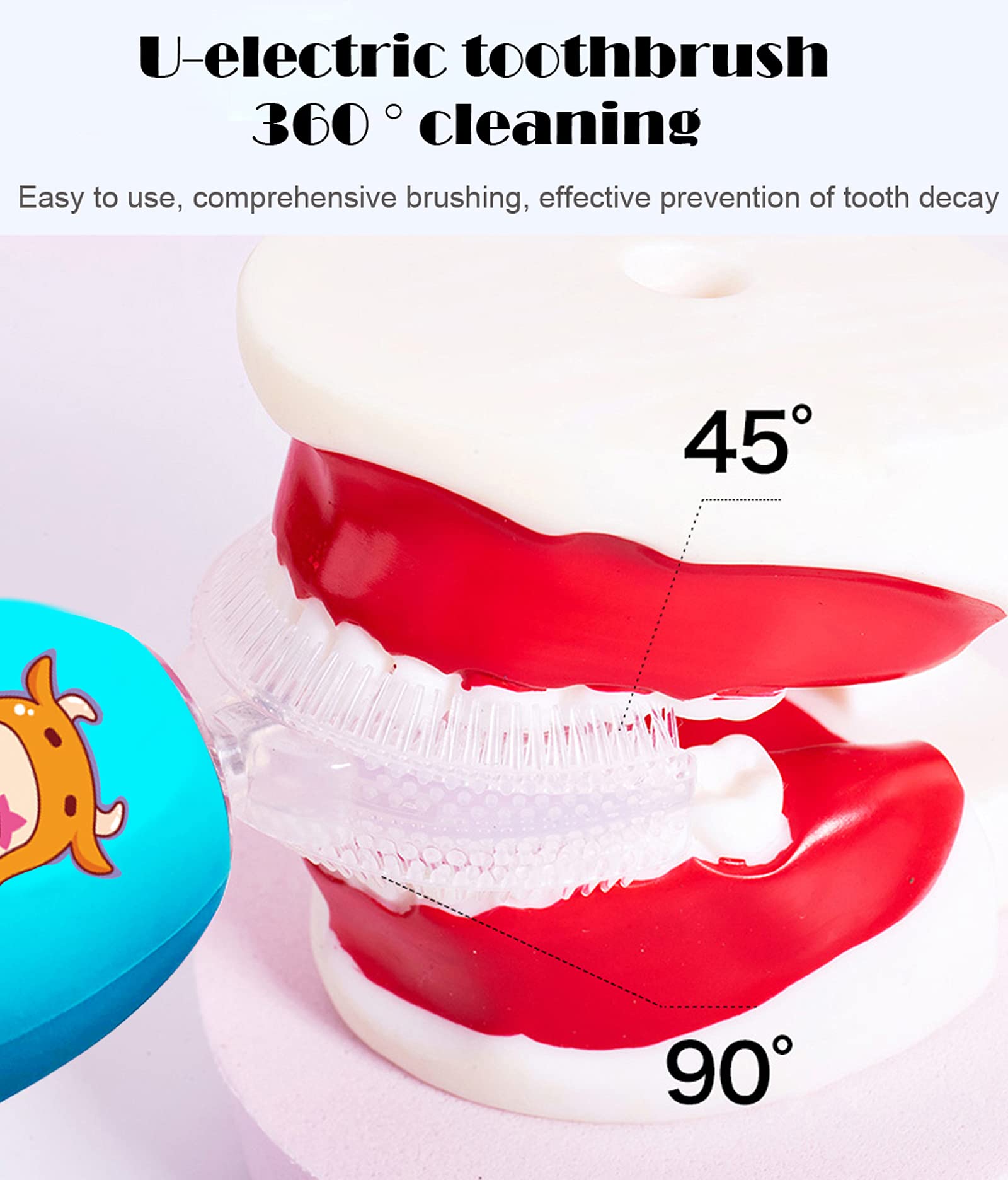 NC Kids Electric Toothbrush with Blue Lights,U Shaped Design,USB Charging with Water Cup,IPX7 Waterproof,45s Cleans All Teeth,Tau-Blue