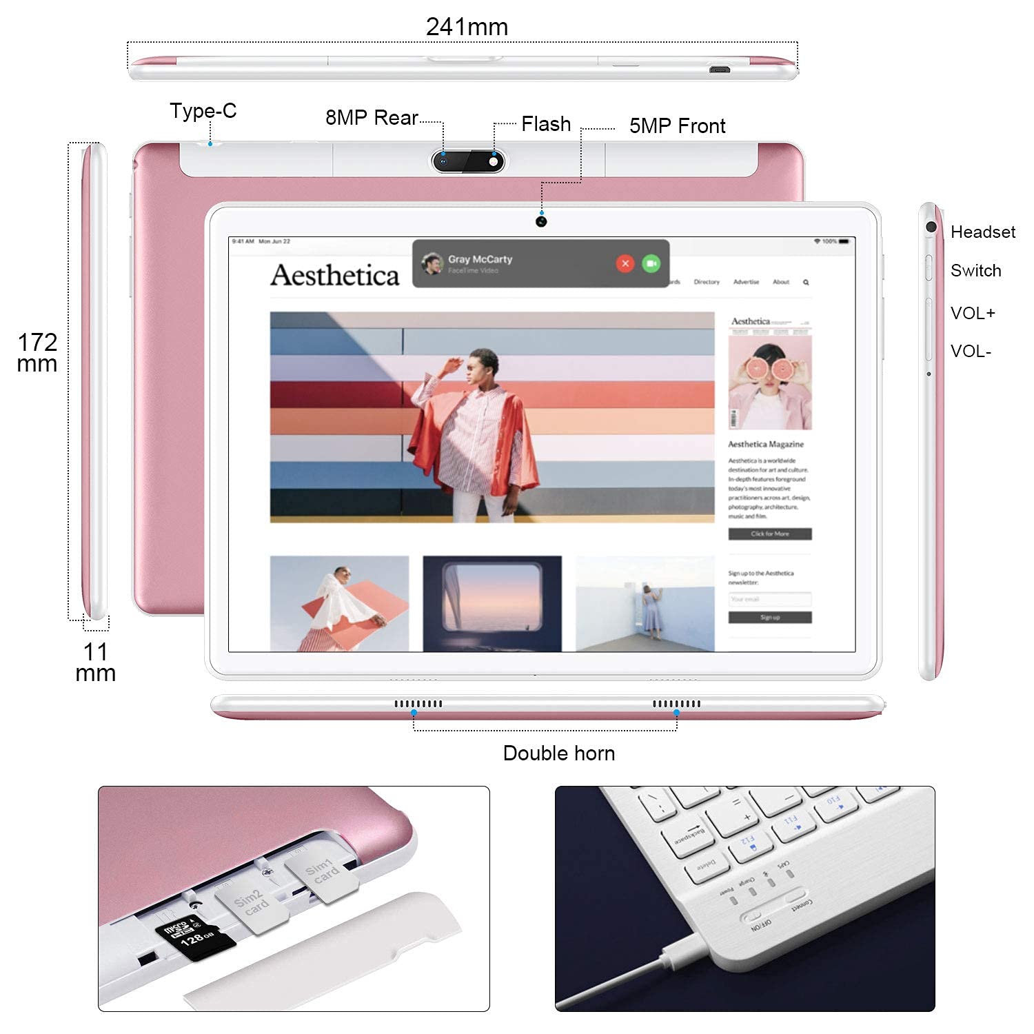 AOYODKG Tablet 2 in 1 with Keyboard, 10.1 inch Android 10 Tablet, 4GB + 64GB(128GB Expand), Dual SIM 4G, Quad-Core, IPS HD Display, 8MP Dual Camera, 8000mAh, WiFi, Google GMS Certified, AYO-P6(Pink)