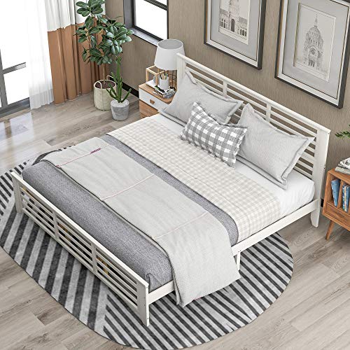 Merax King Size Bed Frame, Wood Platform Bed with Headboard and Footboard, King Bed Frame with Slat,No Box Spring Needed, White