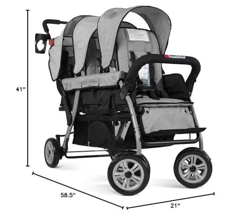 Foundations Sport Trio 3-Seat Folding Stroller with Oversized UV Blocking Canopy, 5-Point Harness for Added Safety, Easy Loading, Storage Bucket, Fits Through Most Standard Doorways (Gray)