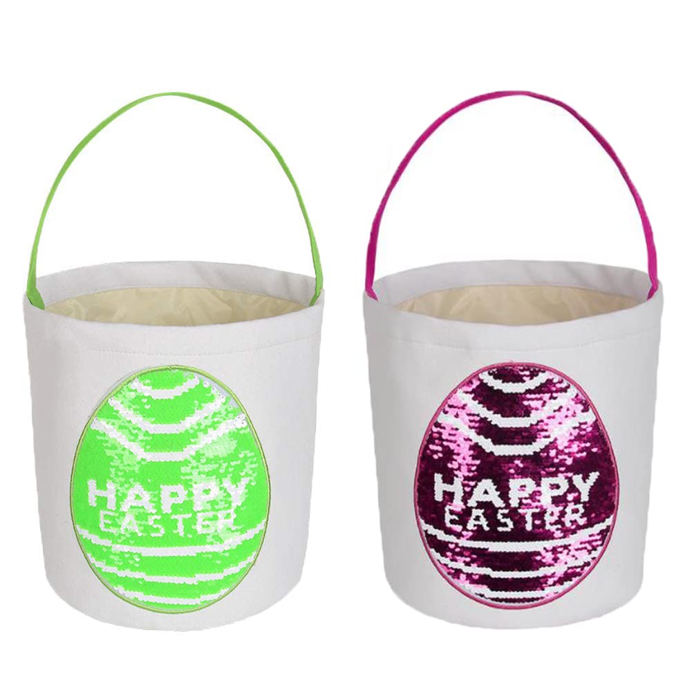 2 Pack Easter Basket for Kids Easter Bunny Basket Egg Bags Canvas Cotton and Eggs Hunt Bag Bunny Canvas Tote Easter Decorations Eggs Candy and Gifts Carry Bucket