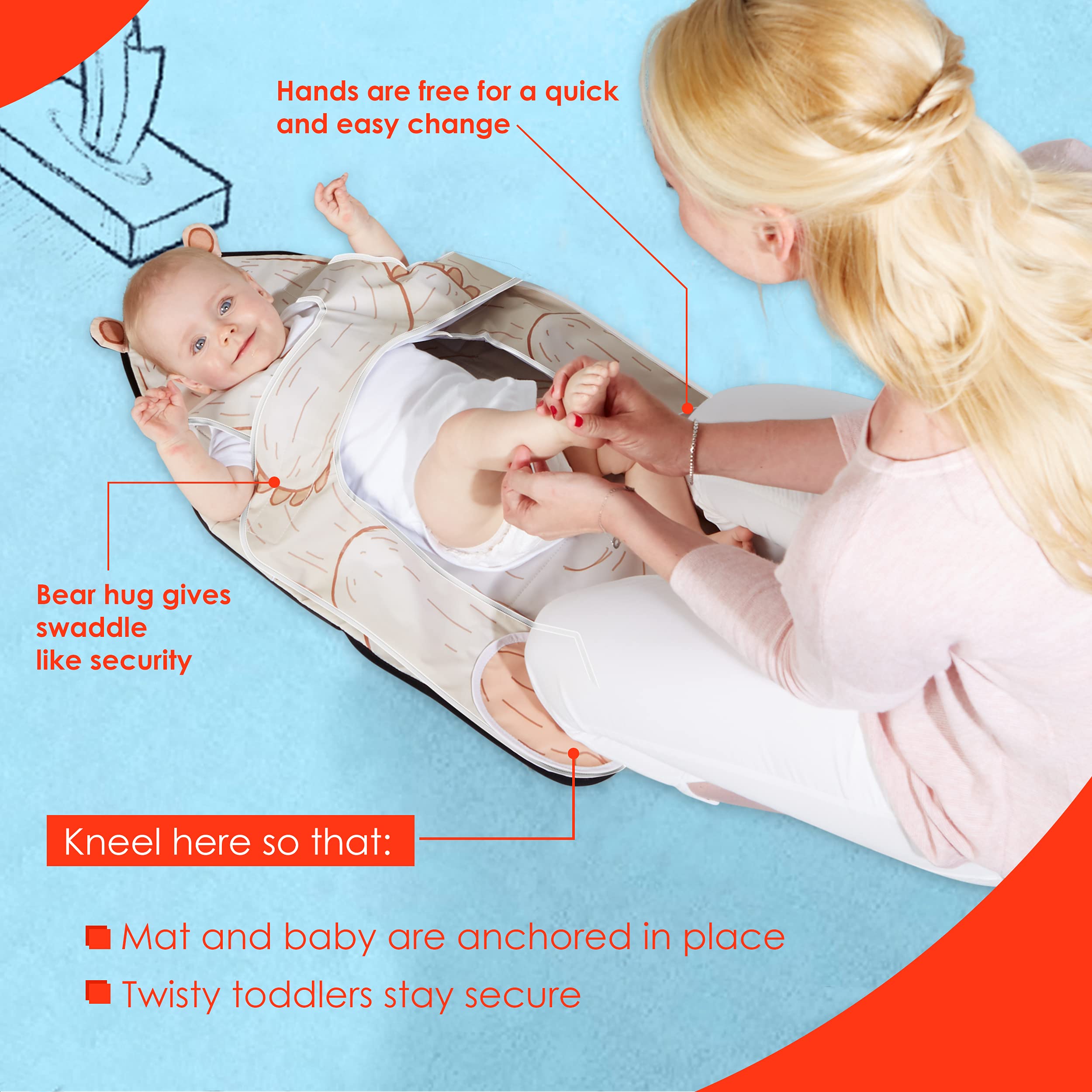 Anti roll Changing mat Baby - The Wriggler Portable Travel pad with Straps