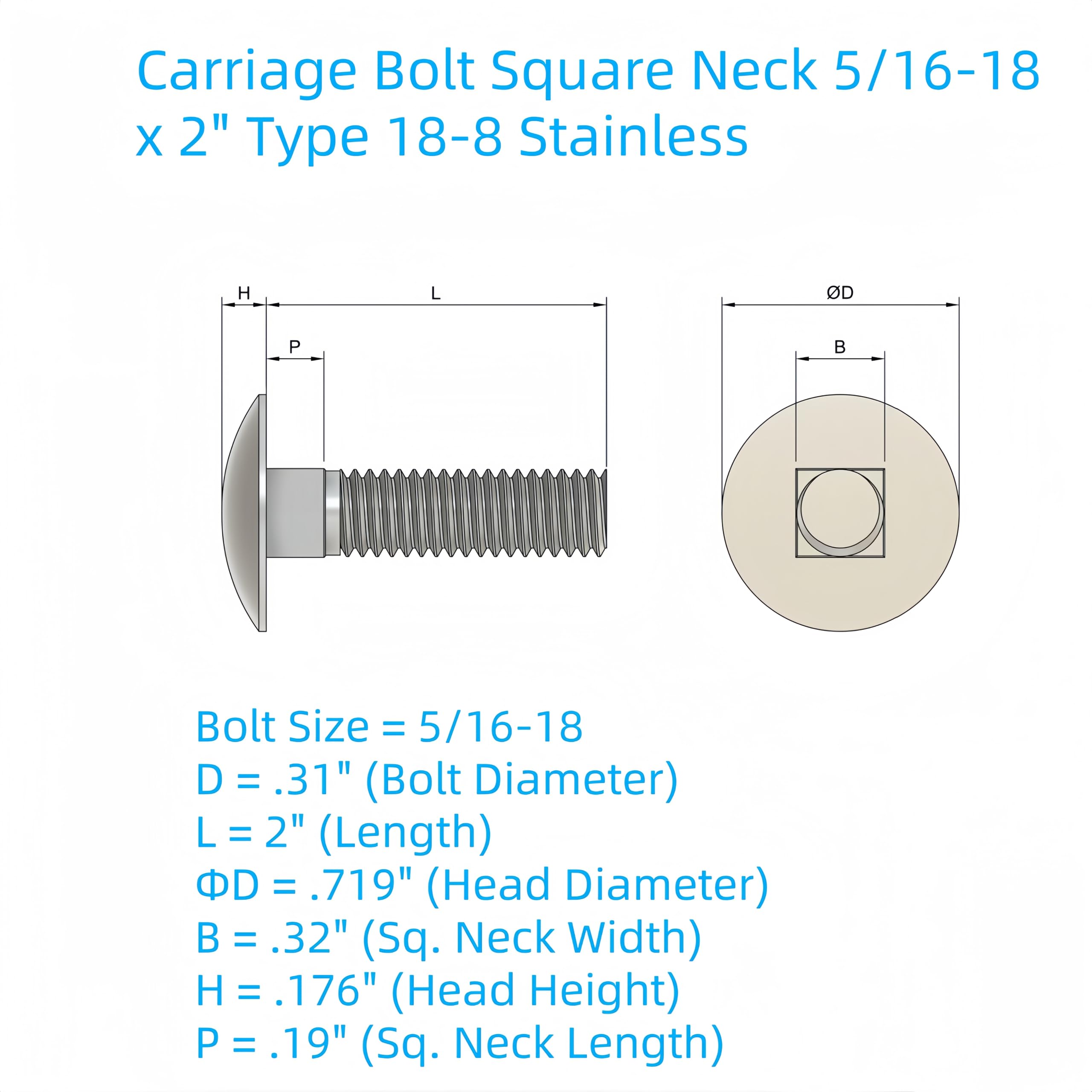 5/16"-18 X 2(25pc) Stainless Carriage Bolt, 18-8 Stainless Steel Full Thread Coverage,Carriage Bolt,by SANTIE