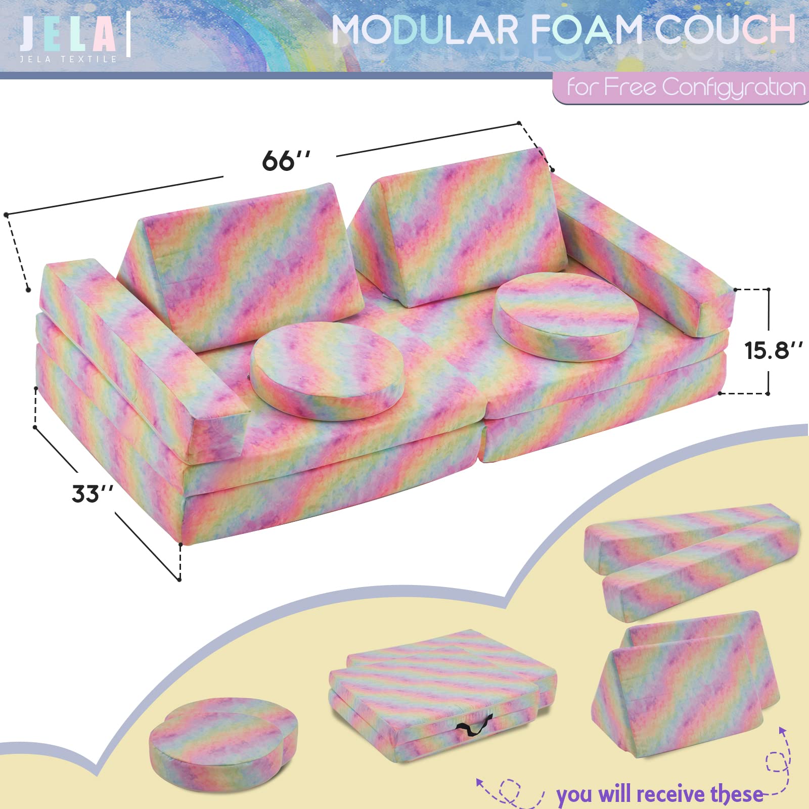 jela Kids Couch Extended Size 10PCS with futons, Floor Couch Floor Sofa Modular Furniture for Kids and Adults, Modular Foam Play Couch, Modular Sectional Sofa (Rainbow)