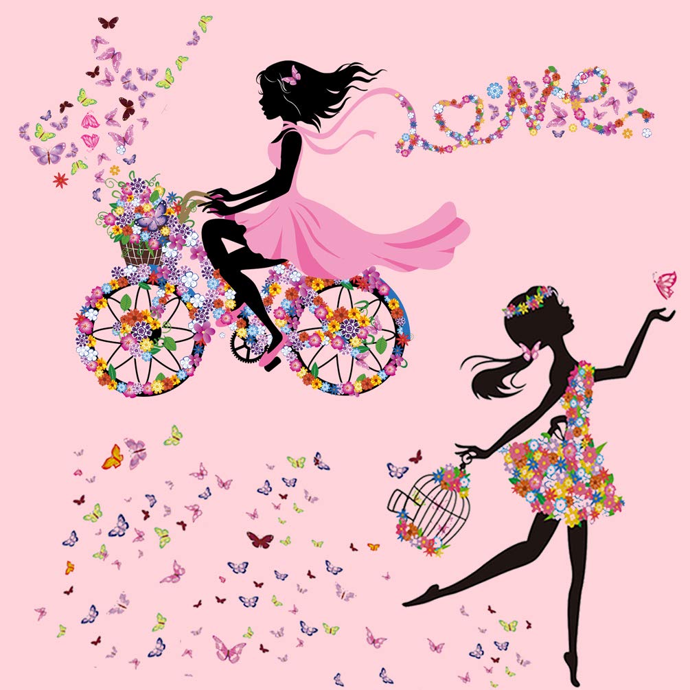 DEKOSH Girl Nursery Wall Decals Set of 2 Designs | Full Wall Multiple Designs Beautiful Girl with Flowers & Butterflies Decorative Wall Stickers for Girls Bedroom