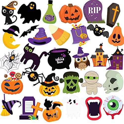 124 Pcs Colorful Halloween Cut Outs Halloween Classroom Bulletin Decorations Trick Treat Decorations Pumpkin Cat Bat Ghost Cutouts with 200 Glue Points for Holiday Classroom Decoration