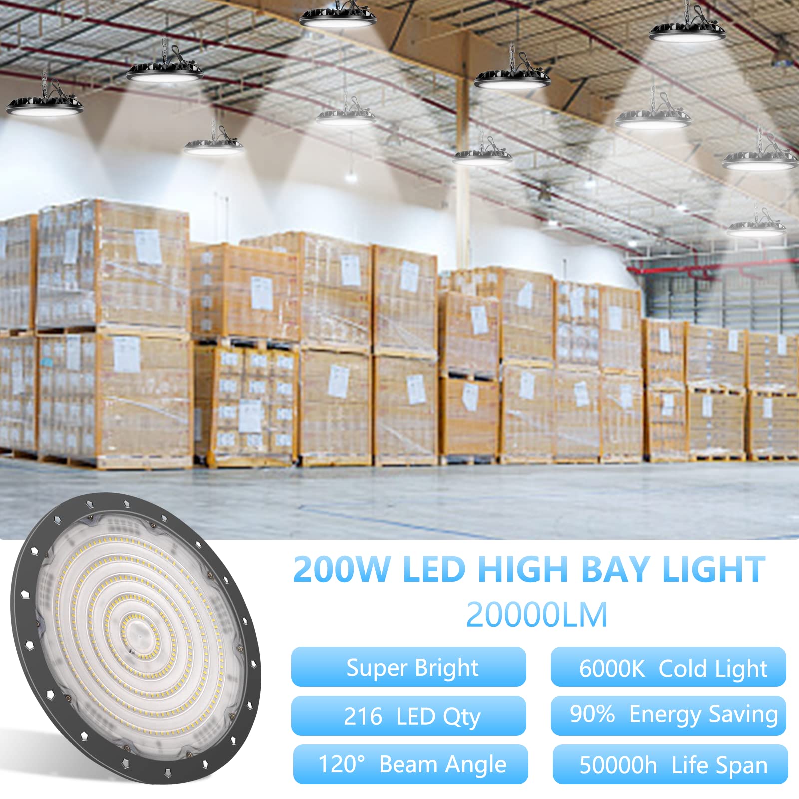 8 Pack 200W LED High Bay Light, 20000LM 6000K UFO LED Shop Light, 5' Cable with 110V US Plug, IP65 Commercial Lowbay Area Lighting Fixture for Workshop Warehouse Barn Residential Wet Location, Non-Dim