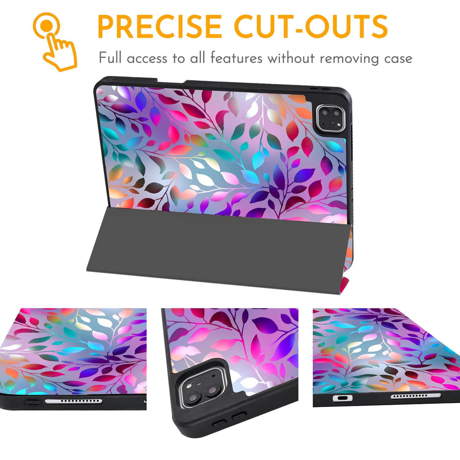 Hi Space for iPad Pro 12.9 Case 2022 2021 2020 2018 6th 5th 4th 3rd Gen with Pencil Holder, Frosted Colorful Leaf Trifold Stand Protective Shockproof Cover Auto Sleep Wake