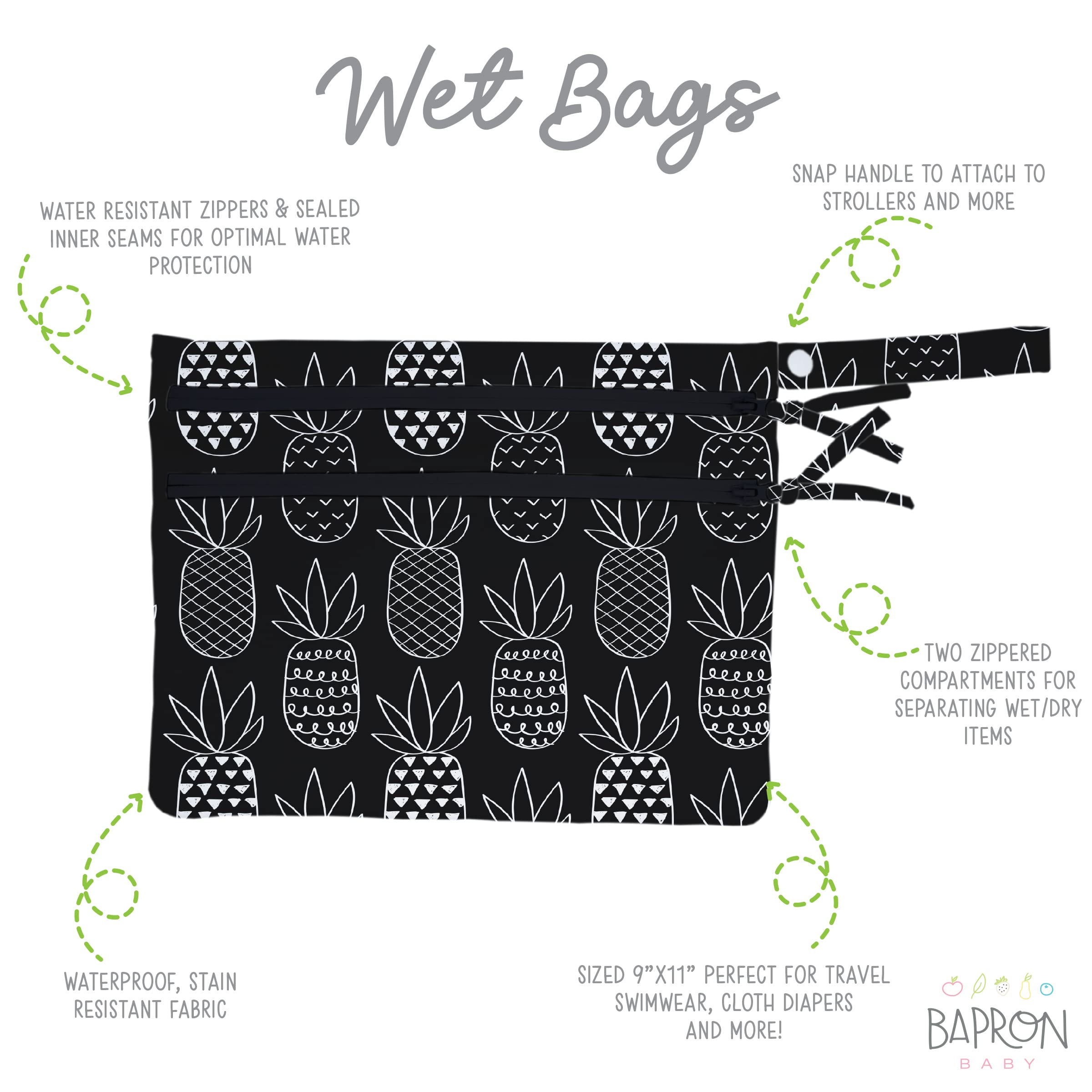 BapronBaby Pineapple Monochrome Wet Dry Bag - Waterproof Two Zipper Pockets - Reusable for Mealtime, Diapers, Stroller, Snacks, Swimsuits - Machine Washable - 11" x 9"