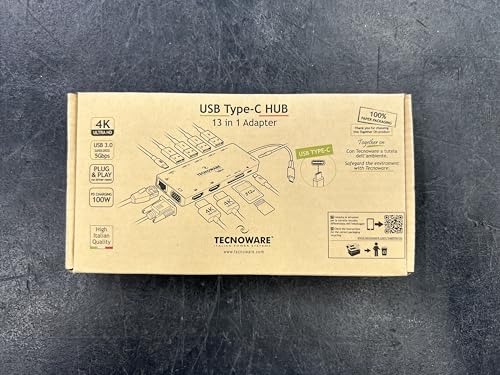 Tecnoware Hub USB Type-C, 13 in 1 Adapter, Compatible with MacBook, Notebook, iPad, Windows, Huawei ecc. 13 Ports: USB 2.0/3.0, USB Type-C, Ethernet, HDMI 4K, Card Slot SDXC, Micro SD, Jack Audio.