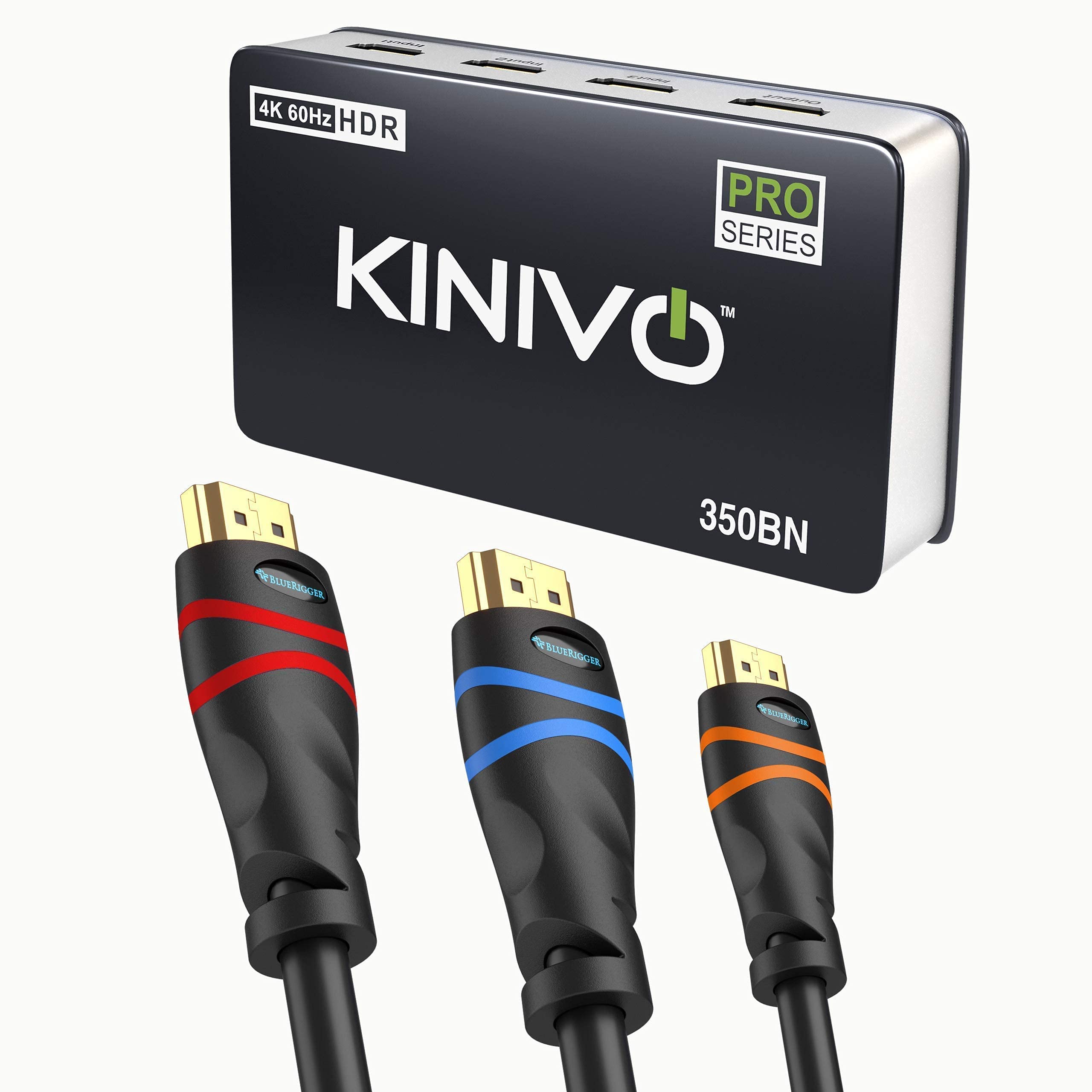 Kinivo 350BN 4K HDMI Switch with BlueRigger 4K HDMI Cable - 6.6FT, 3 Pack (4K 60Hz, HDR, HDMI 2.0, 3 Port Switch, Auto-Switching)