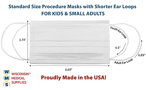 WMS Small Ear Loop 4-Layer Youth Face Masks, Wisconsin Medical Supplies, MADE IN USA, 1 Pack (50 Masks)