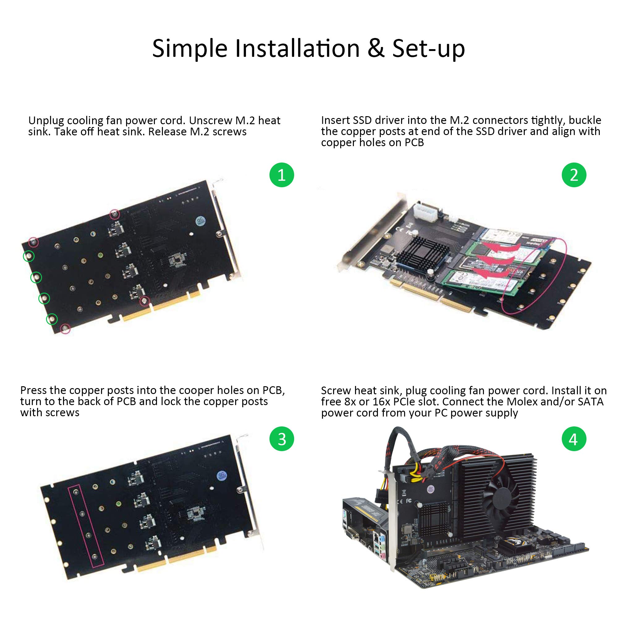 A ADWITS Quad M.2 NVMe SSD PCIe X16 Adapter,ASM2824 PCI Express 3.0 X16 Switch to 4 Ports M.2 Adapter Card,Supports RAID,PCIe Bifurcation,4 X4 NVMe(AHCI Compatible)M.2 SSD in Size 2242/2260/2280/22110