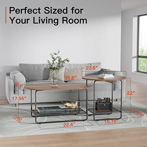 Amada Coffee Table Set, 2-Tier Center Table with Open Shelf and Metal Frame, Modern Round Coffee Table for Living Room, Set of 2, AMCT2V