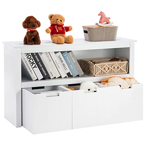 Apicizon Kids Toy Storage Cabinet with 3 Drawers Hidden Wheel, Toy Storage Organizer and Bookshelf, Kids Bookcase Toy Storage Bins for Playing Room, Bedroom, Nursery, Classroom, White